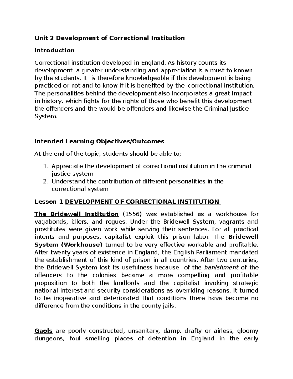 Topic 2 - Review materials only - Unit 2 Development of Correctional ...
