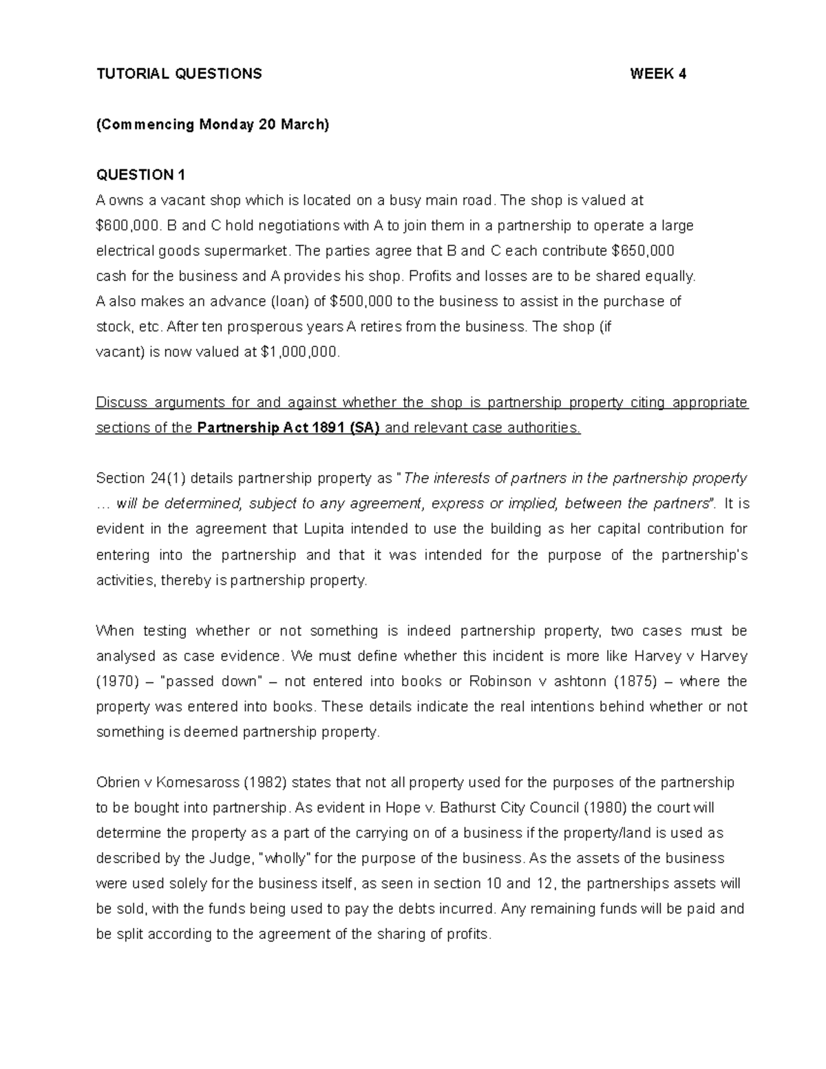 Week 4 Tutorial - TUTORIAL QUESTIONS WEEK 4 (Commencing Monday 20 March ...