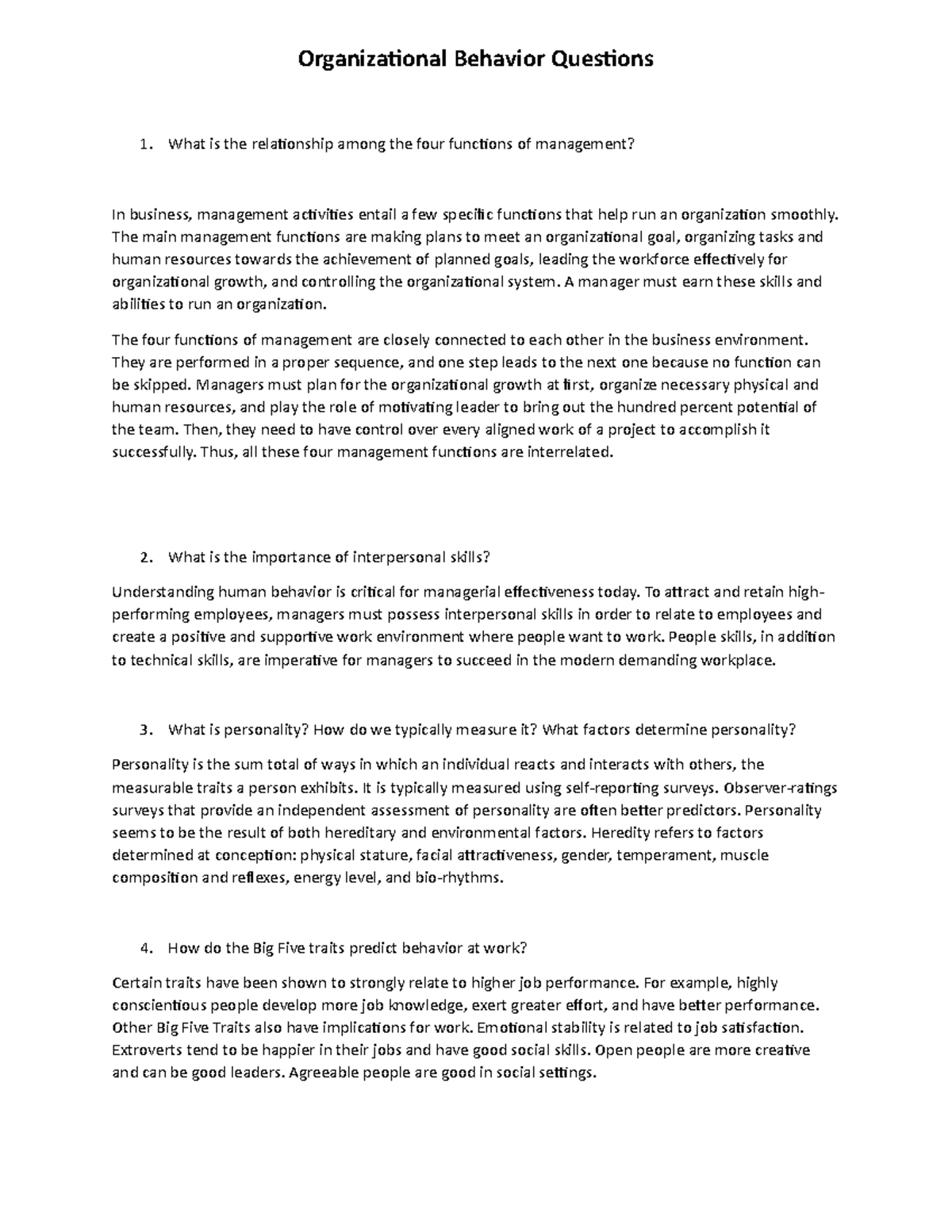 Organizational Behavior Questions - Ayesha - Organizational Behavior ...