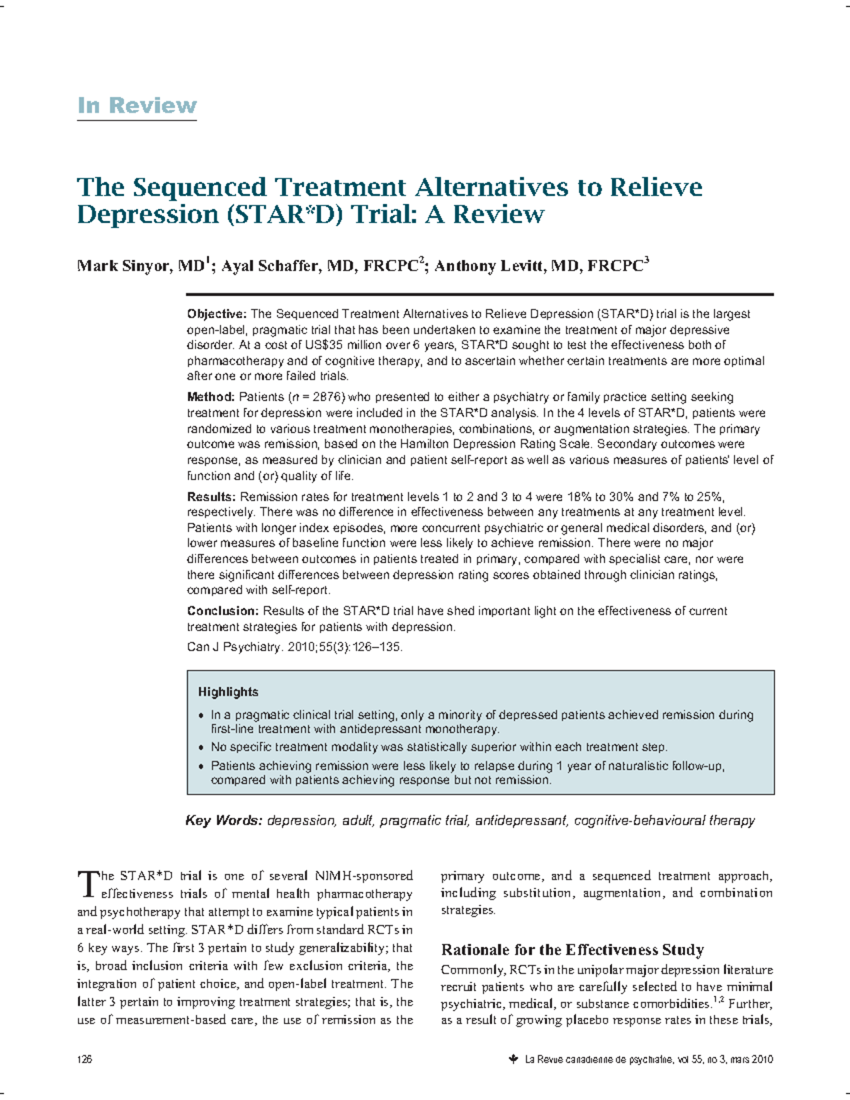 STAR-D - nores - In Review The Sequenced Treatment Alternatives to ...
