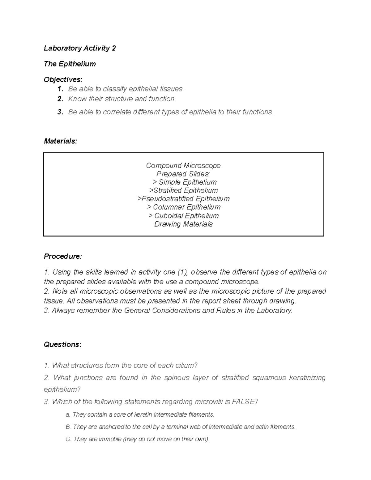 Laboratory Activity 2- Epithelium or Epithelial Tissue - Laboratory Activity 2 The Epithelium ...