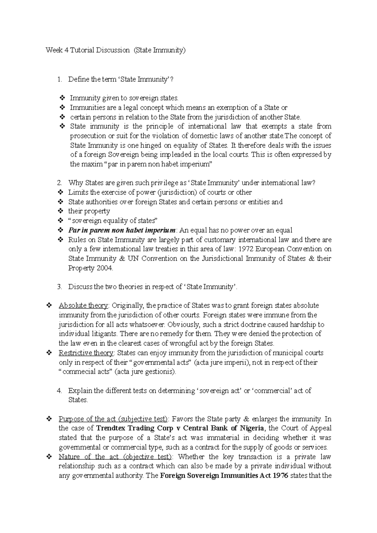 286212 Week 4 Tutorial Discussion - Week 4 Tutorial Discussion (State Immunity) Define the term ...