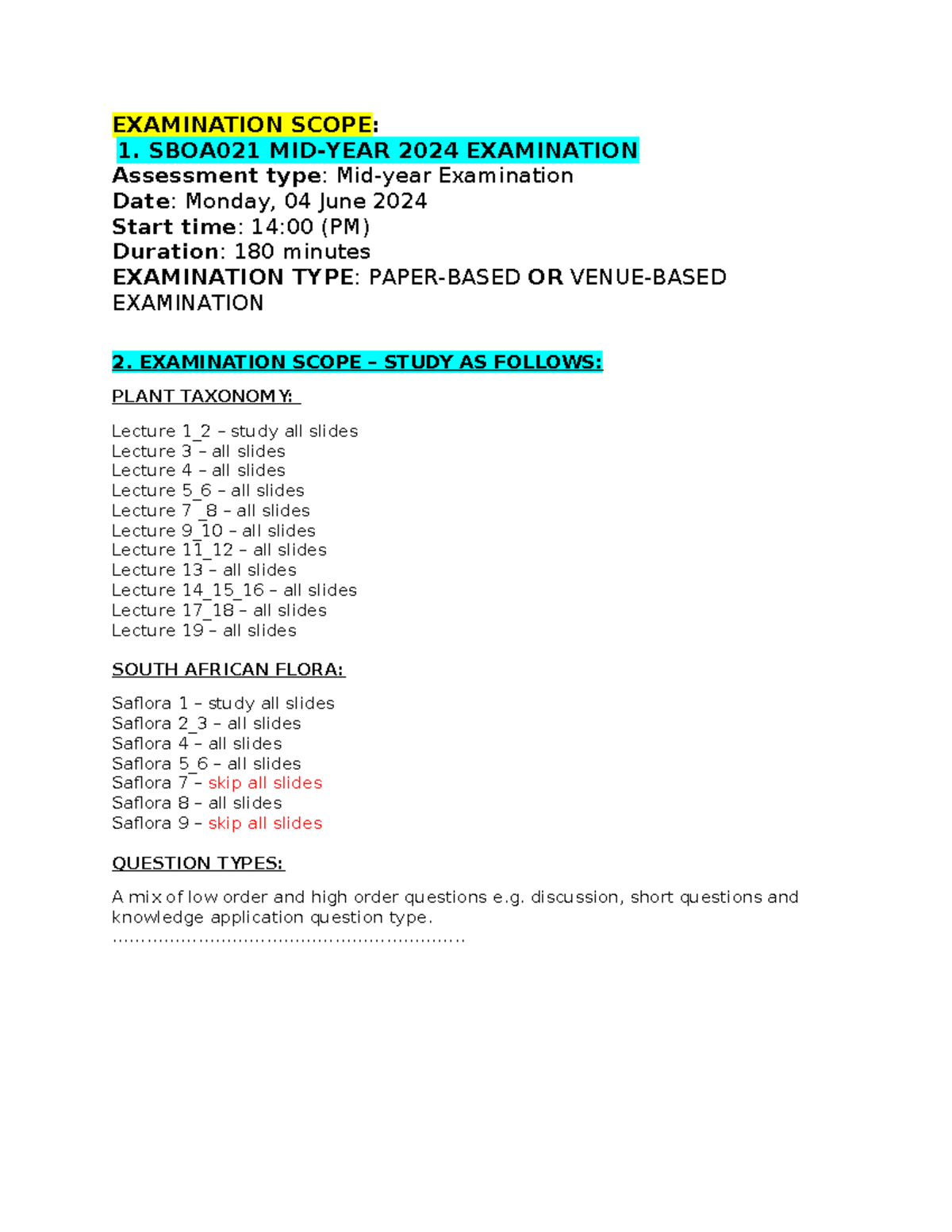 Examination Scope - EXAMINATION SCOPE: 1. SBOA021 MID-YEAR 2024 ...