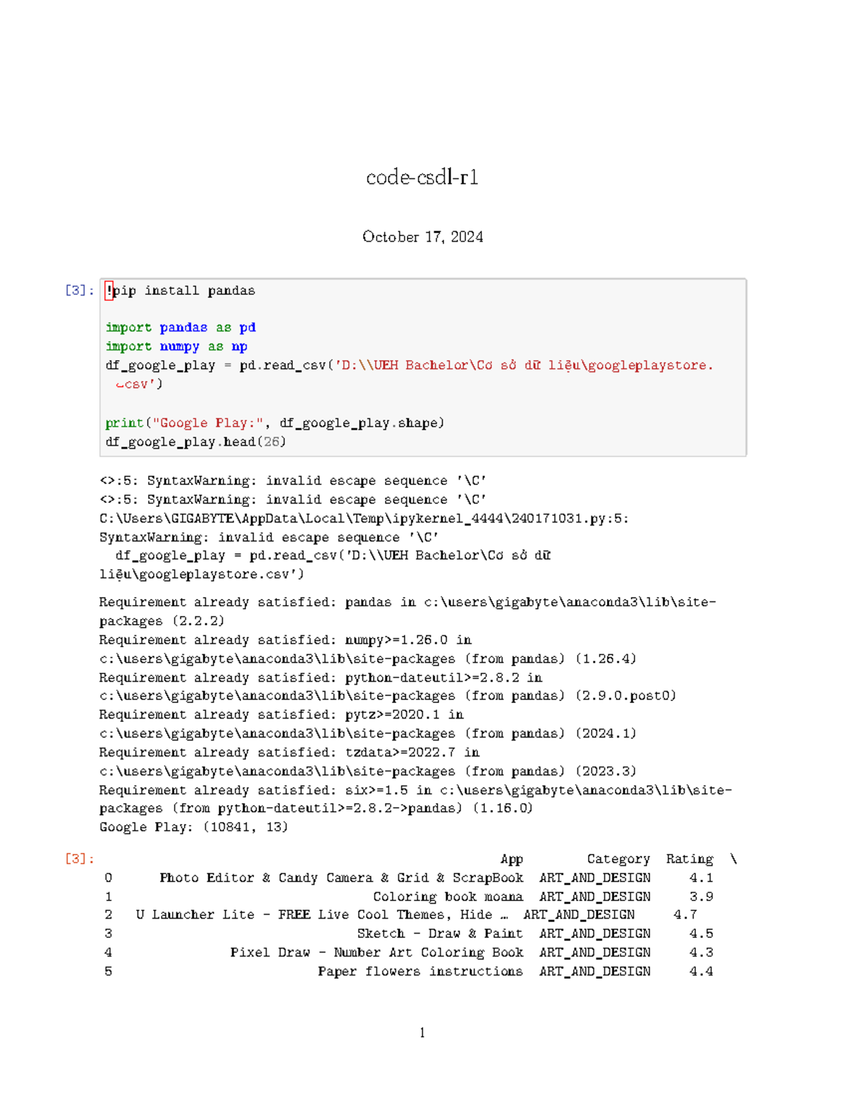 Code CSDL - Final Report - code-csdl-r October 17, 2024 [3]: !pip install pandas import pandas ...