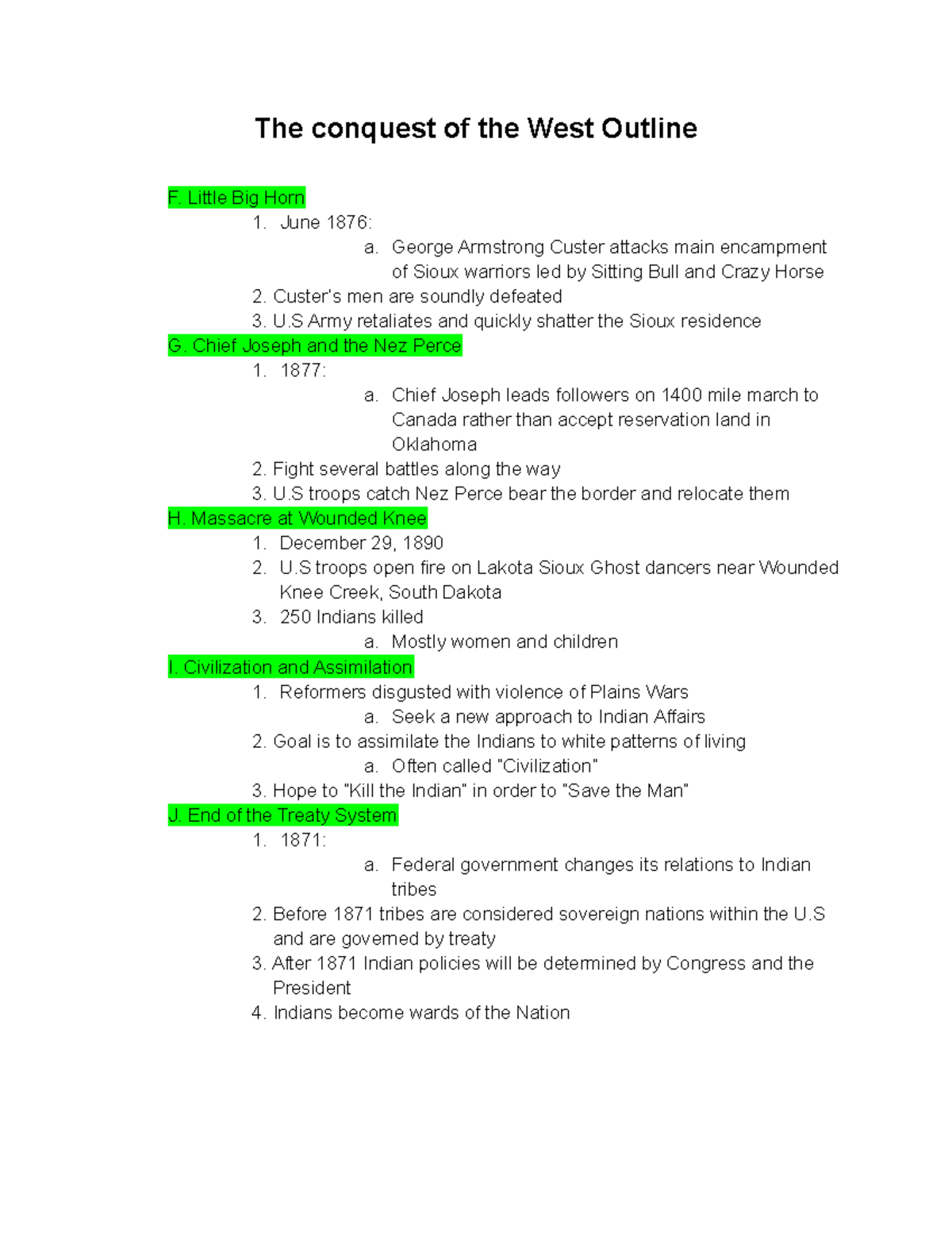 U.S History until 1877-The conquest of the West Outine Notes - The ...