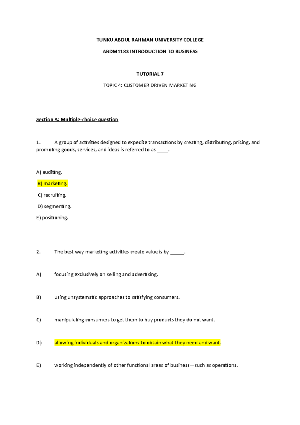 Tutorial 7 - TUNKU ABDUL RAHMAN UNIVERSITY COLLEGEABDM1183 INTRODUCTION ...