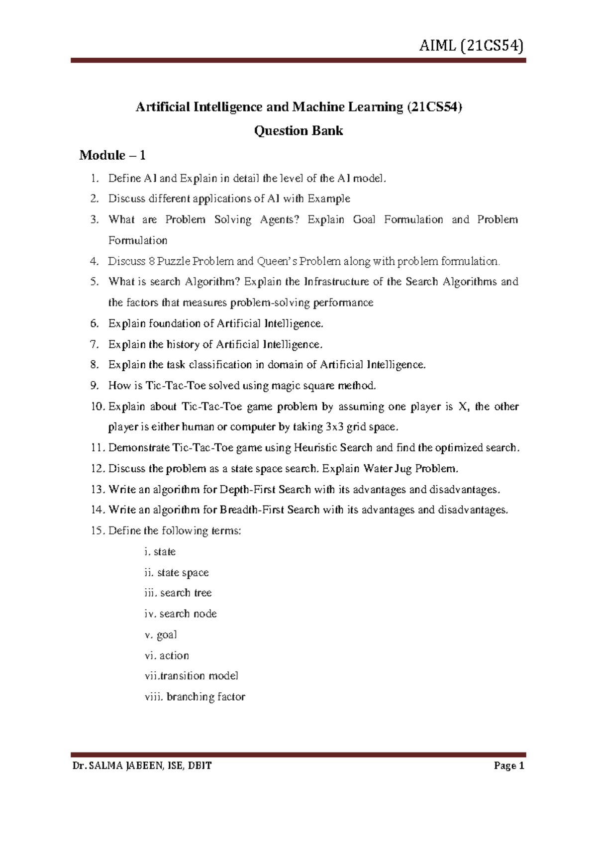 AIML Question Bank - Artificial Intelligence and Machine Learning (21CS54) Question Bank Module ...