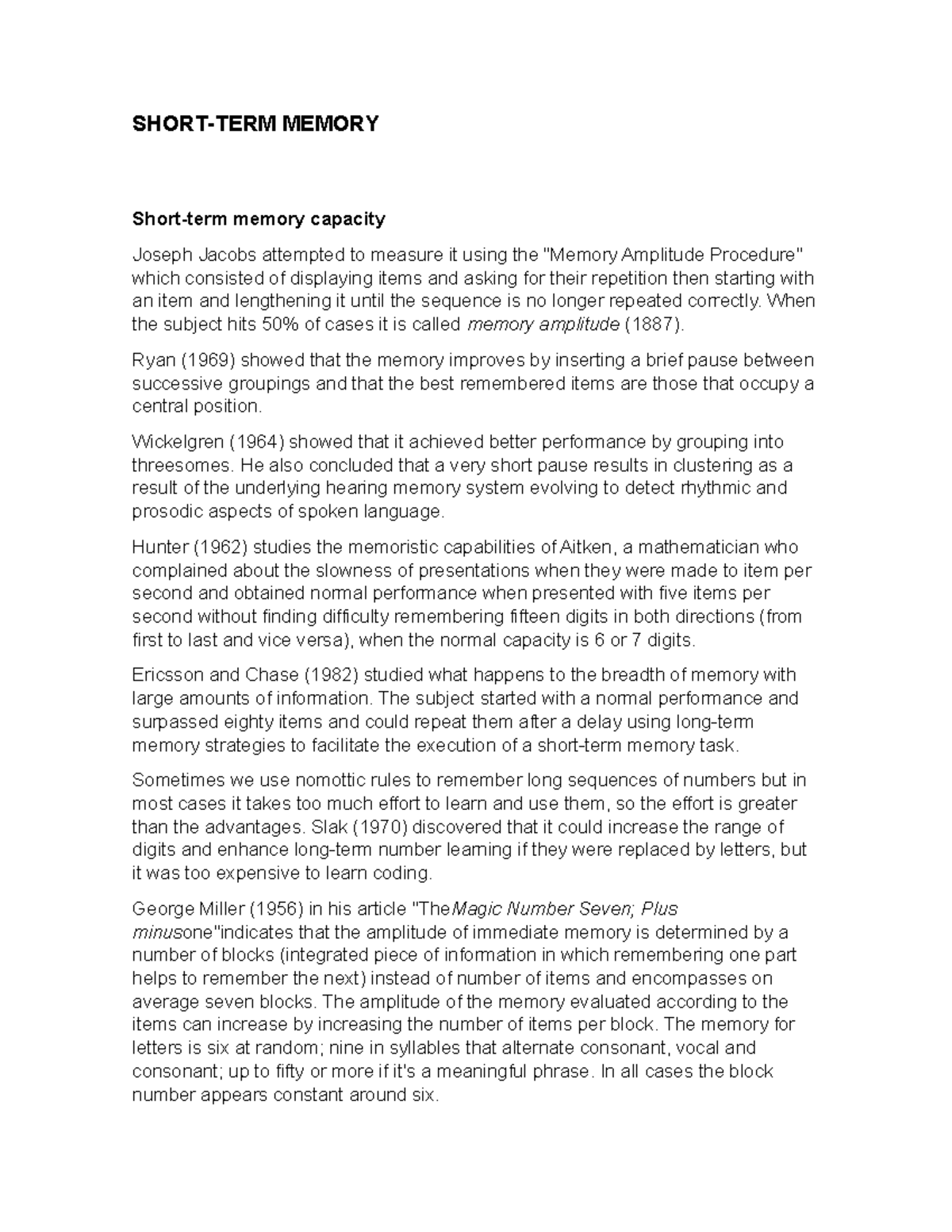 Short-term memory - MEMORY memory capacity Joseph Jacobs attempted to ...