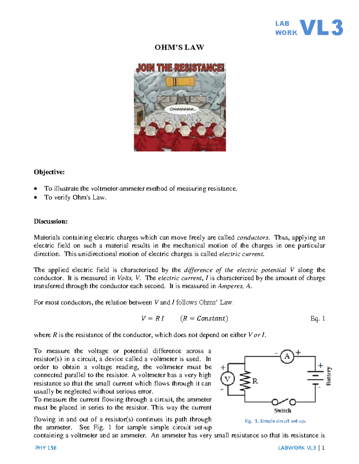 PHY156Spring 2021VL03Ohms Law - PHY 156 LABWORK VL3 | 1 LAB WORK VL OHM ...
