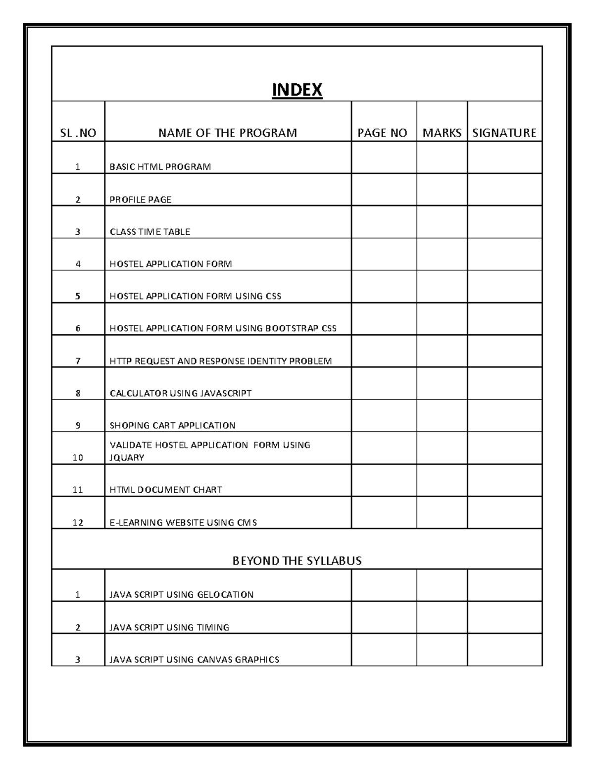 Wad lab record - INDEX SL .NO NAME OF THE PROGRAM PAGE NO MARKS ...