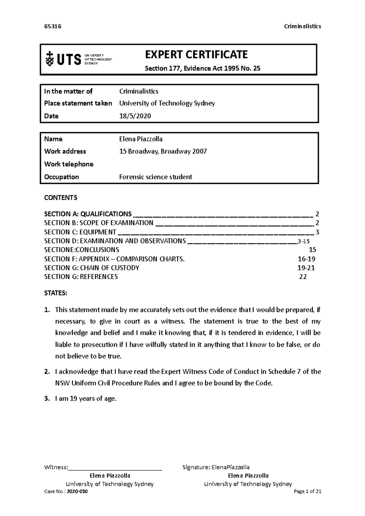 CASE 2020 010 - fingerprints - EXPERT CERTIFICATE Section 177, Evidence ...