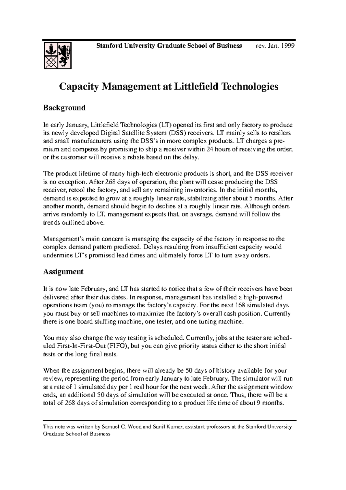 Littlefield Capacity Simulation - Stanford University Graduate School ...