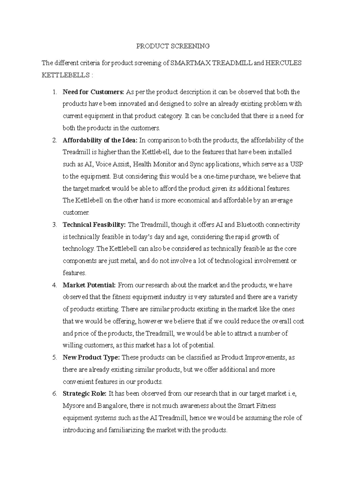 Product Screening MMProject - PRODUCT SCREENING The different criteria ...