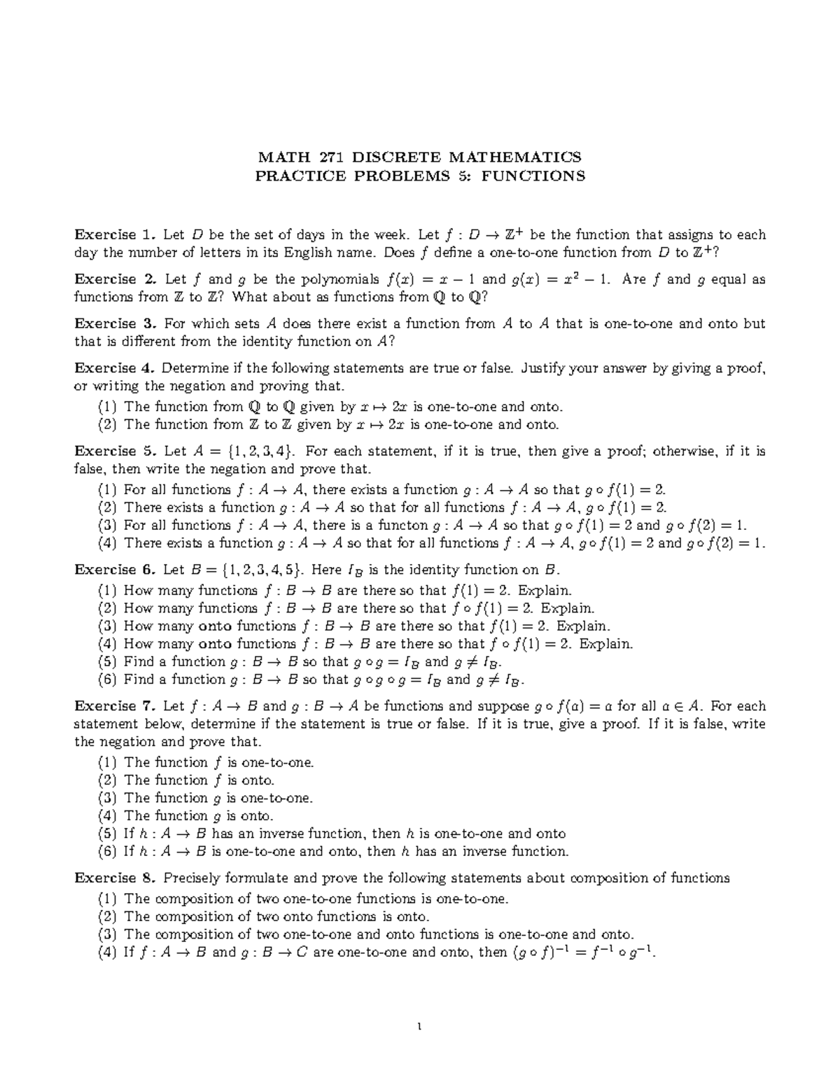 271 Practice 5 Functions Math 271 Discrete Mathematics Practice Problems 5 Functions Exercise