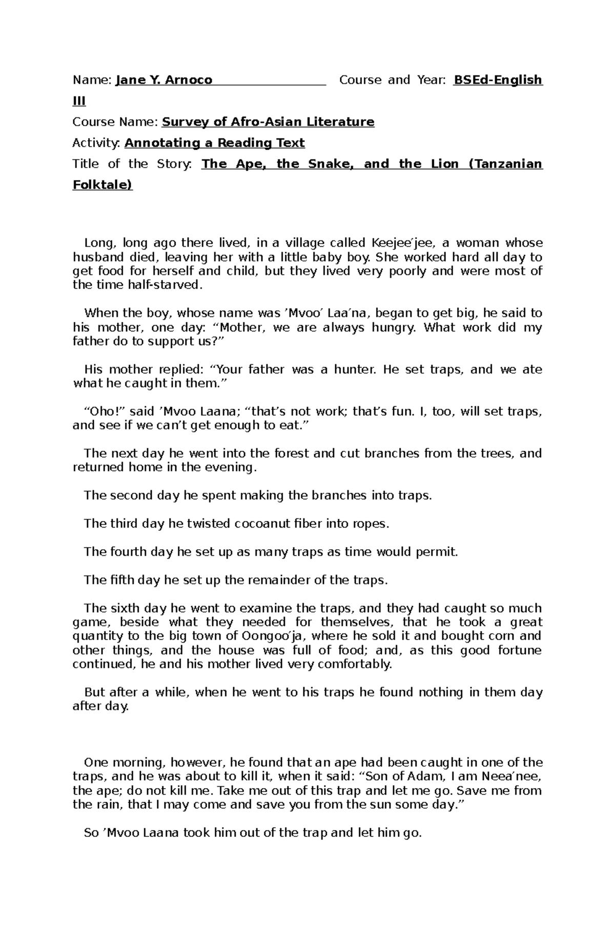 The-Ape - The story of the ape, snake and lion - Name: Jane Y. Arnoco ...