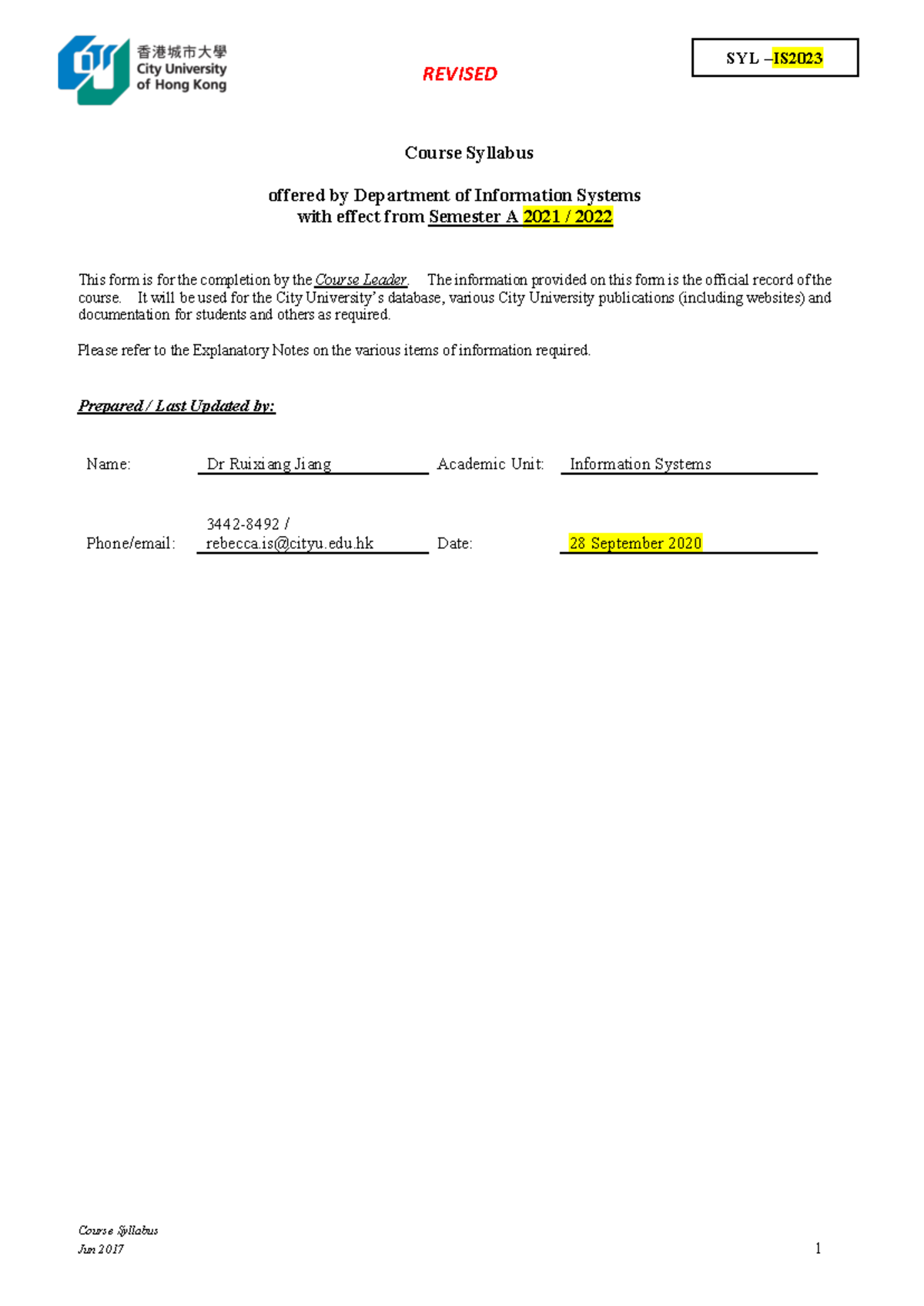 IS2023+SYL+28Sep2020+%28student%29 - Course Syllabus Course Syllabus ...