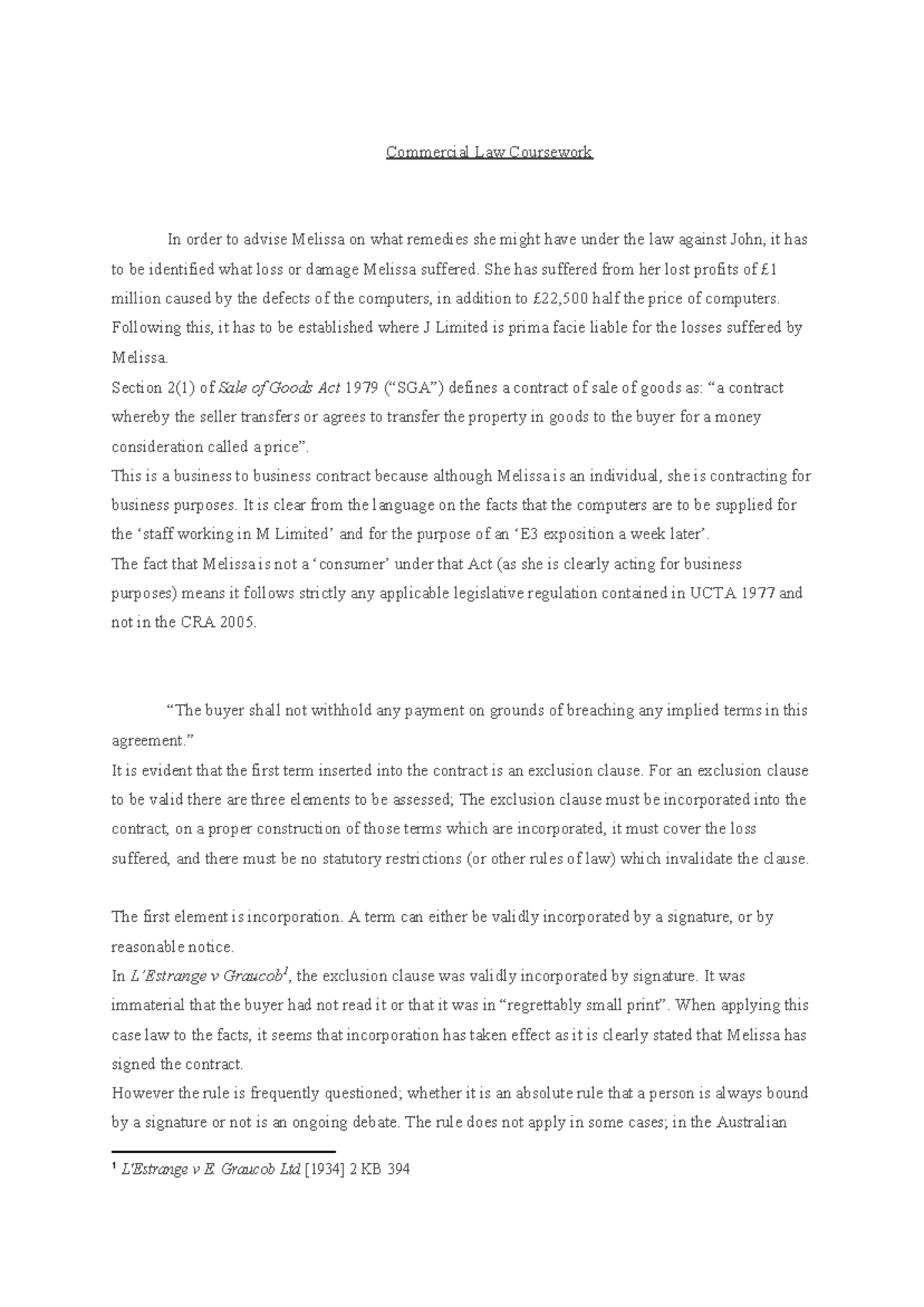 Coursework CL -2 - Commercial Law Coursework In order to advise Melissa ...