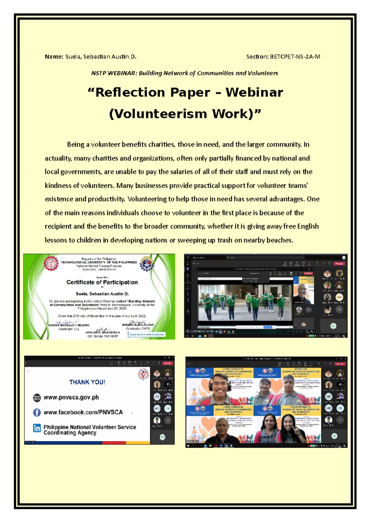 Reflection - Volunteerism Work - Name: Suela, Sebastian Austin D ...