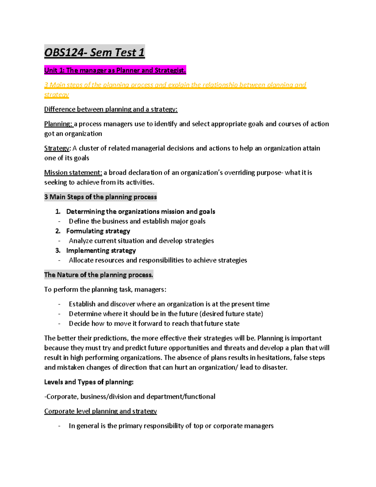 Unit 1 and 3 notes for OBS124 - OBS124- Sem Test 1 Unit 1: The manager ...