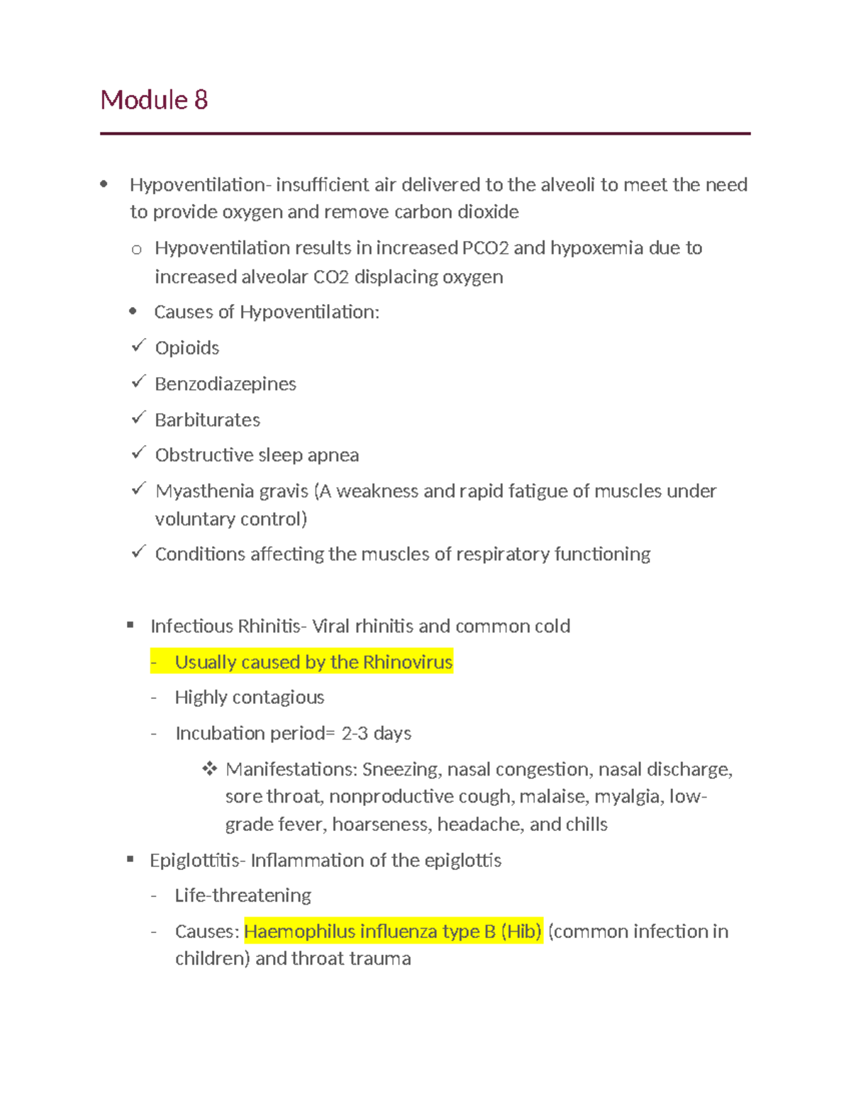 Module 8 Notes - Module 8 Hypoventilation- insufficient air delivered ...