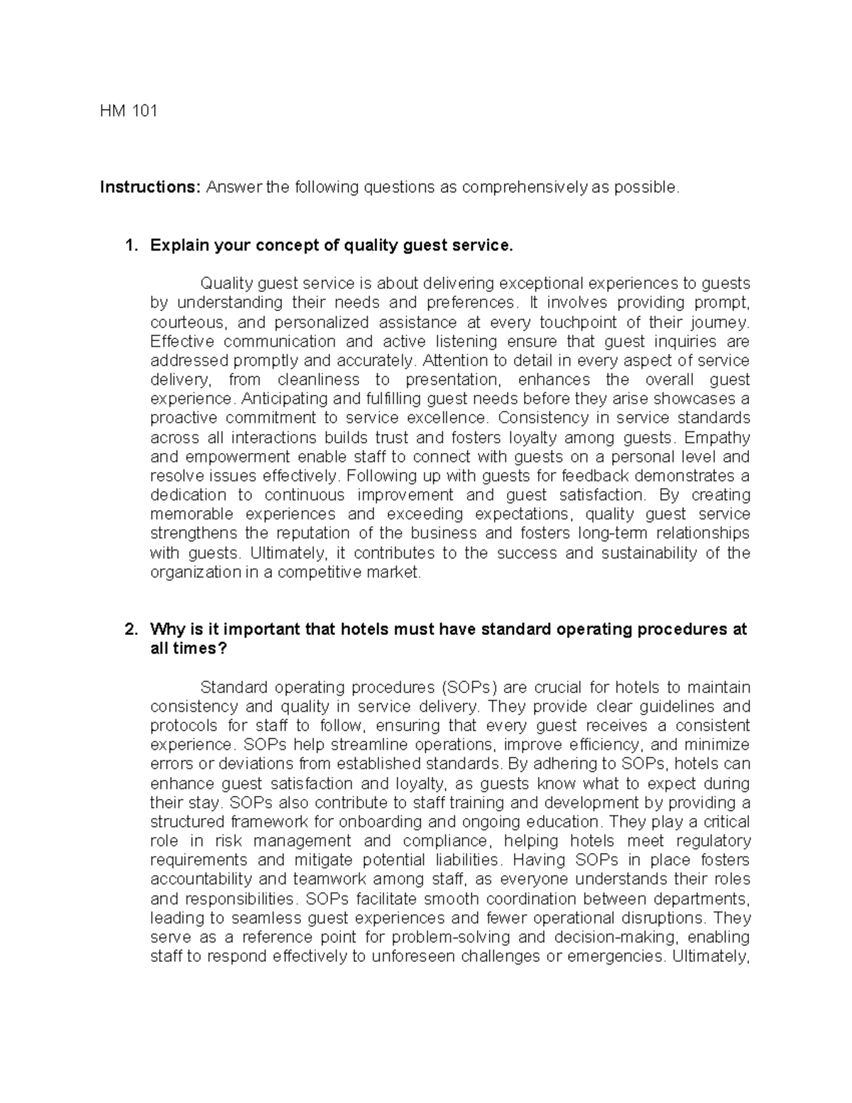 HM101 Lesson 7 - HM 101 Instructions: Answer the following questions as ...