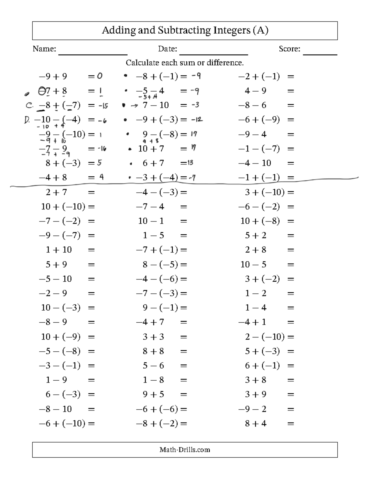 Solving Integers involving Addition and Subtraction - Adding and ...