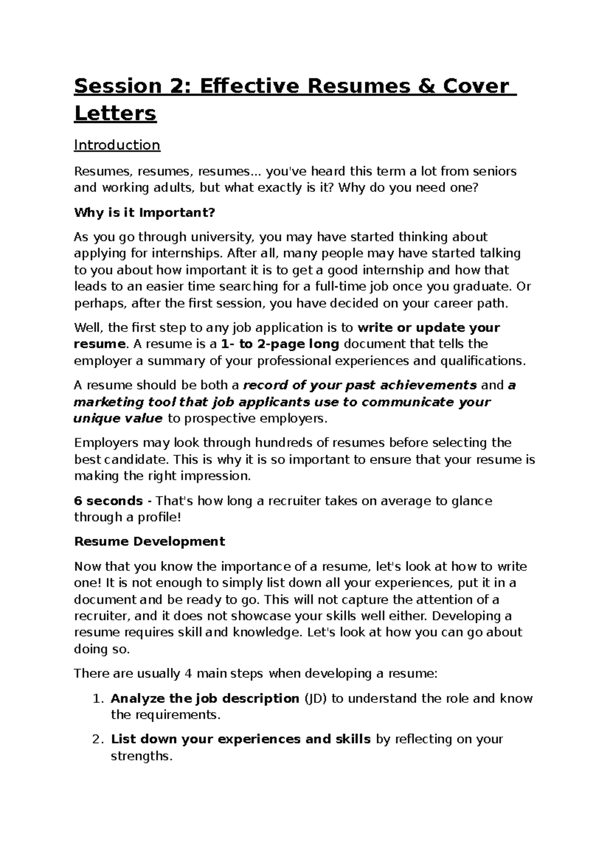 Session 2 - Session 2: Effective Resumes & Cover Letters Introduction ...