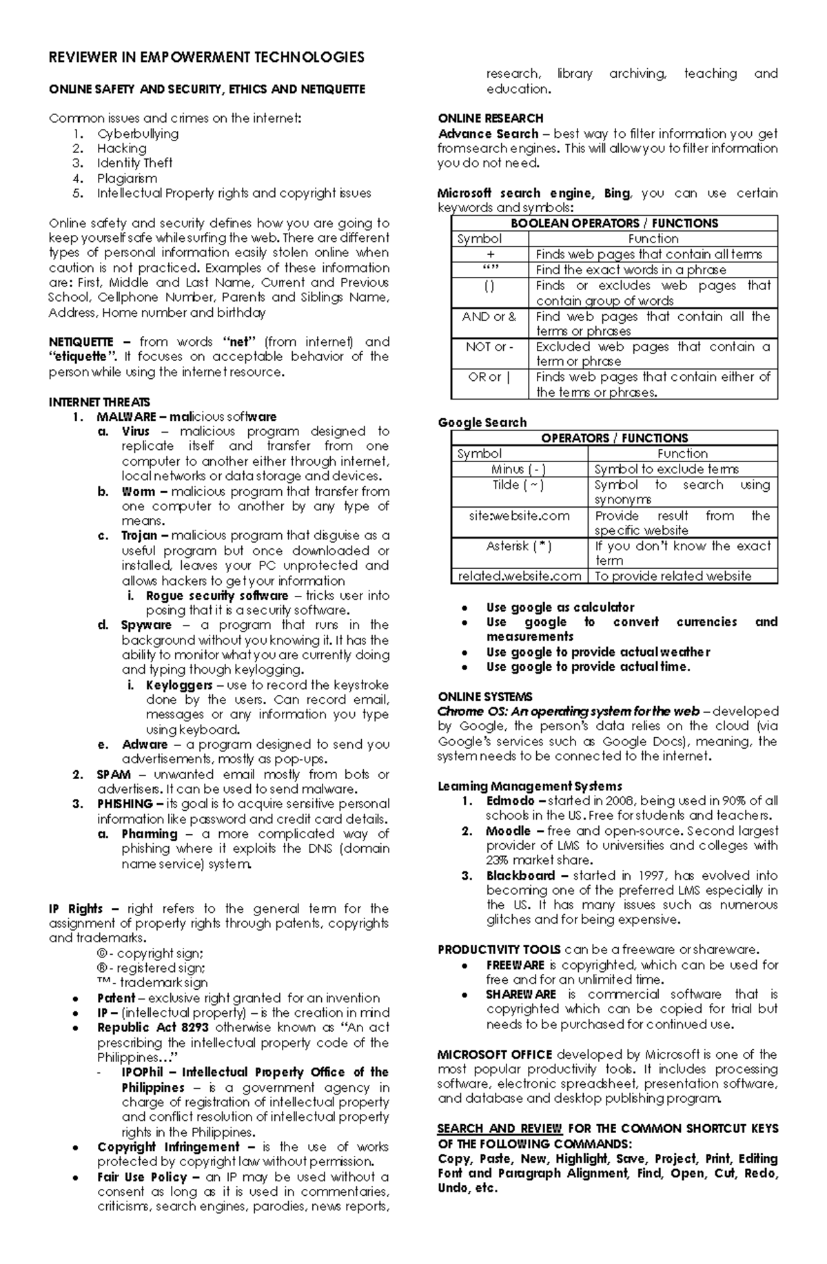 E-tech-Reviewer - REVIEWER IN EMPOWERMENT TECHNOLOGIES ONLINE SAFETY ...