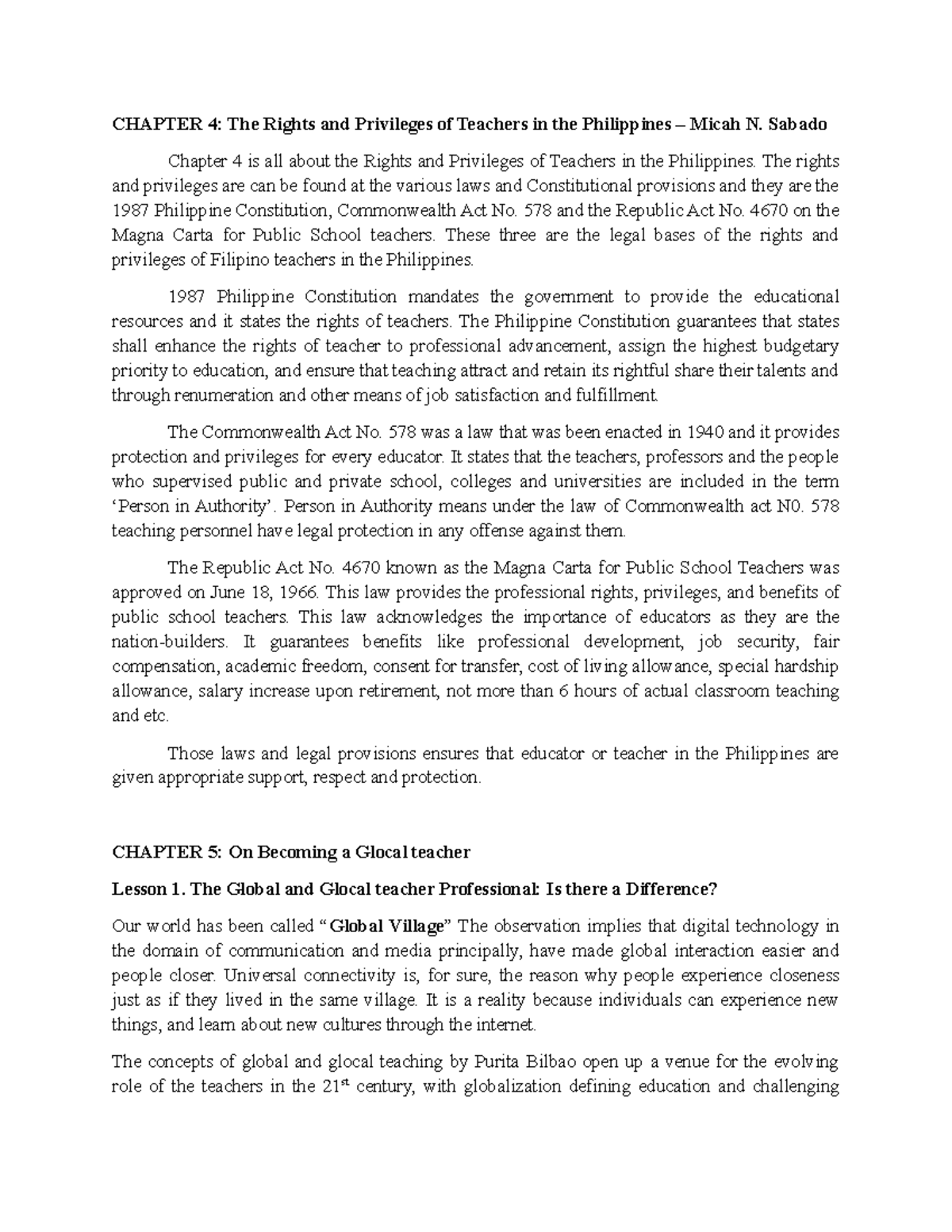 Reflection paper ED9 - CHAPTER 4: The Rights and Privileges of Teachers in the Philippines ...