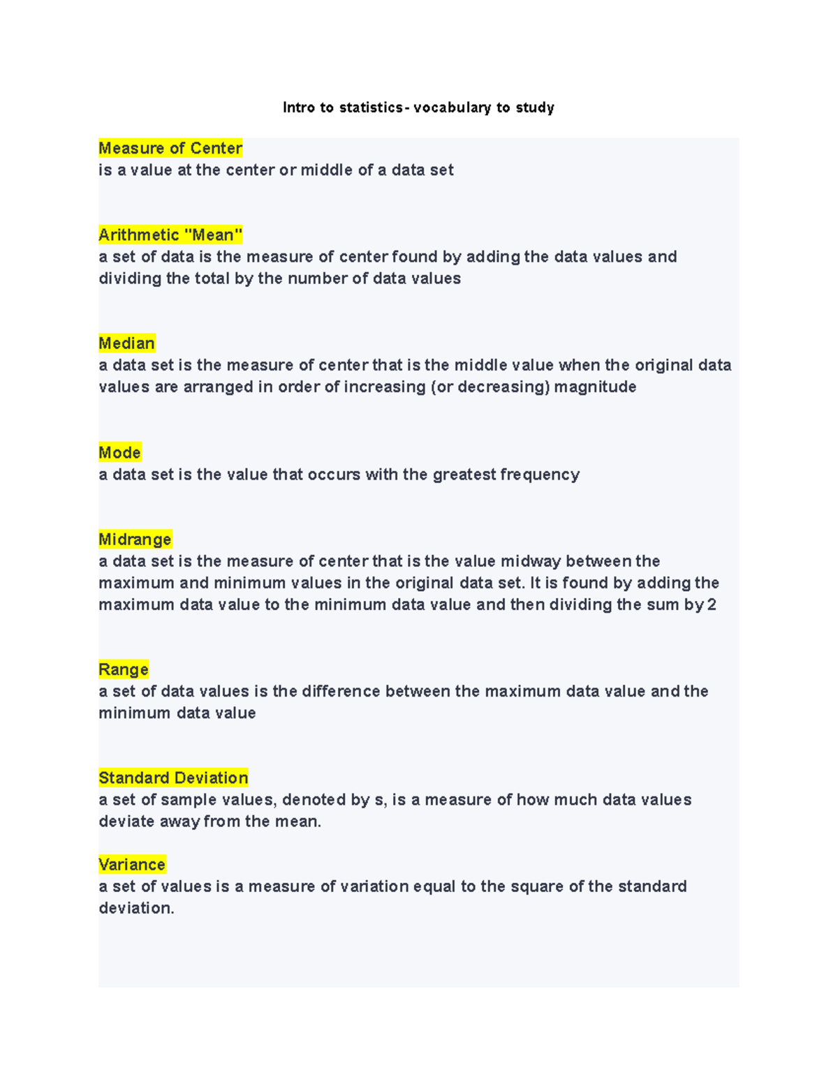 Intro to statistics vocab sheet - Intro to statistics- vocabulary to ...