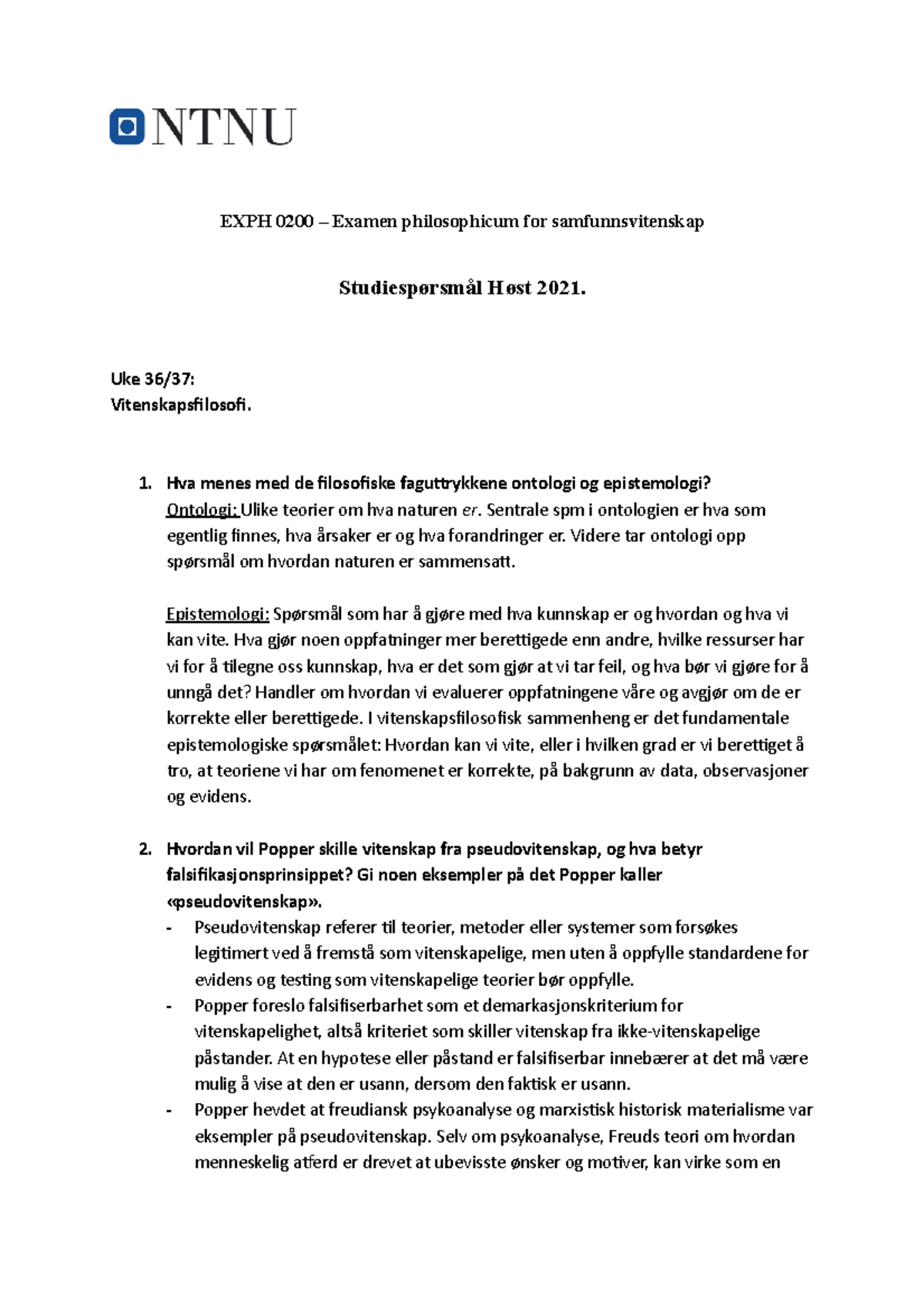 Studiespørsmål EXPH0200 H21 - EXPH 0200 – Examen philosophicum for samfunnsvitenskap ...