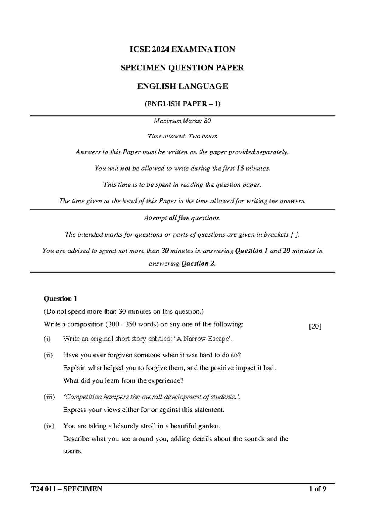 011 ENG1 SP 1 - Ghnfdhu - ICSE 202 4 EXAMINATION SPECIMEN QUESTION ...