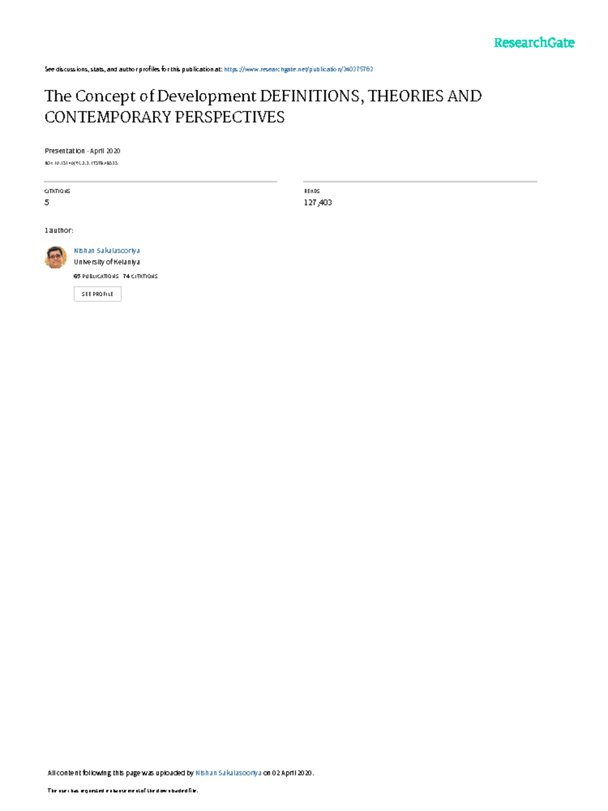 Concept of Development - 13140/RG.2.2. CITATIONS 5 READS 127, 1 author: Nishan Sakalasooriya ...