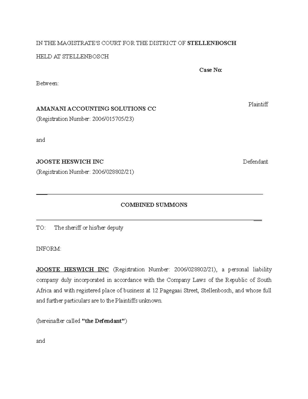 Combines Summons (20 10 22) - IN THE MAGISTRATE'S COURT FOR THE ...