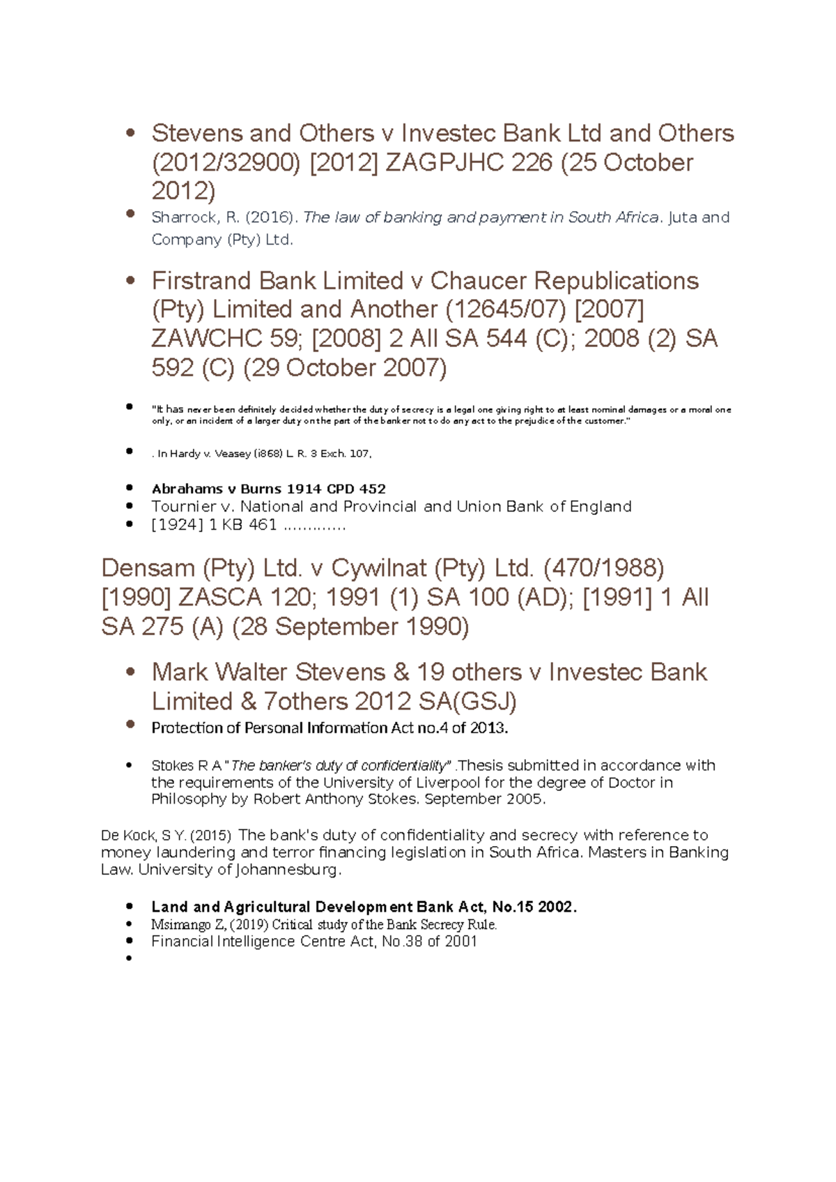 Stevens and Others v Investec Bank Ltd and Others - Stevens and Others ...