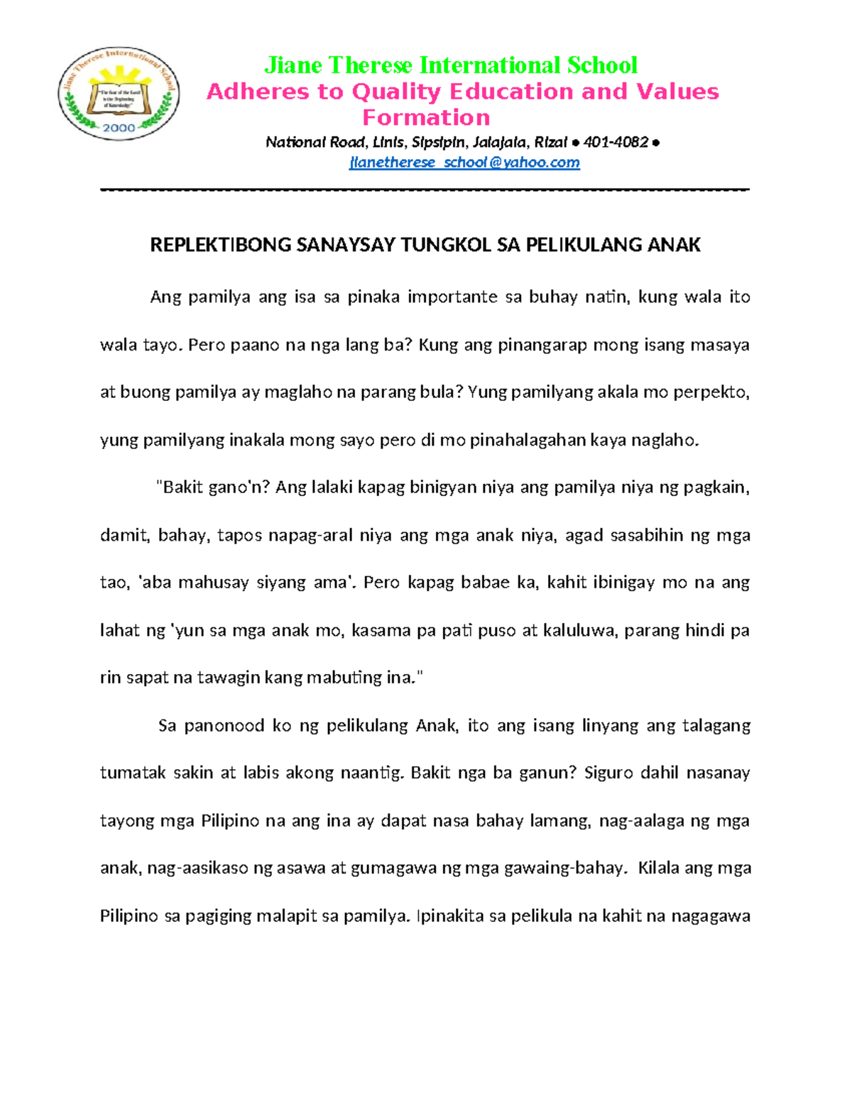 669773395 reflection essay anak - Adheres to Quality Education and ...