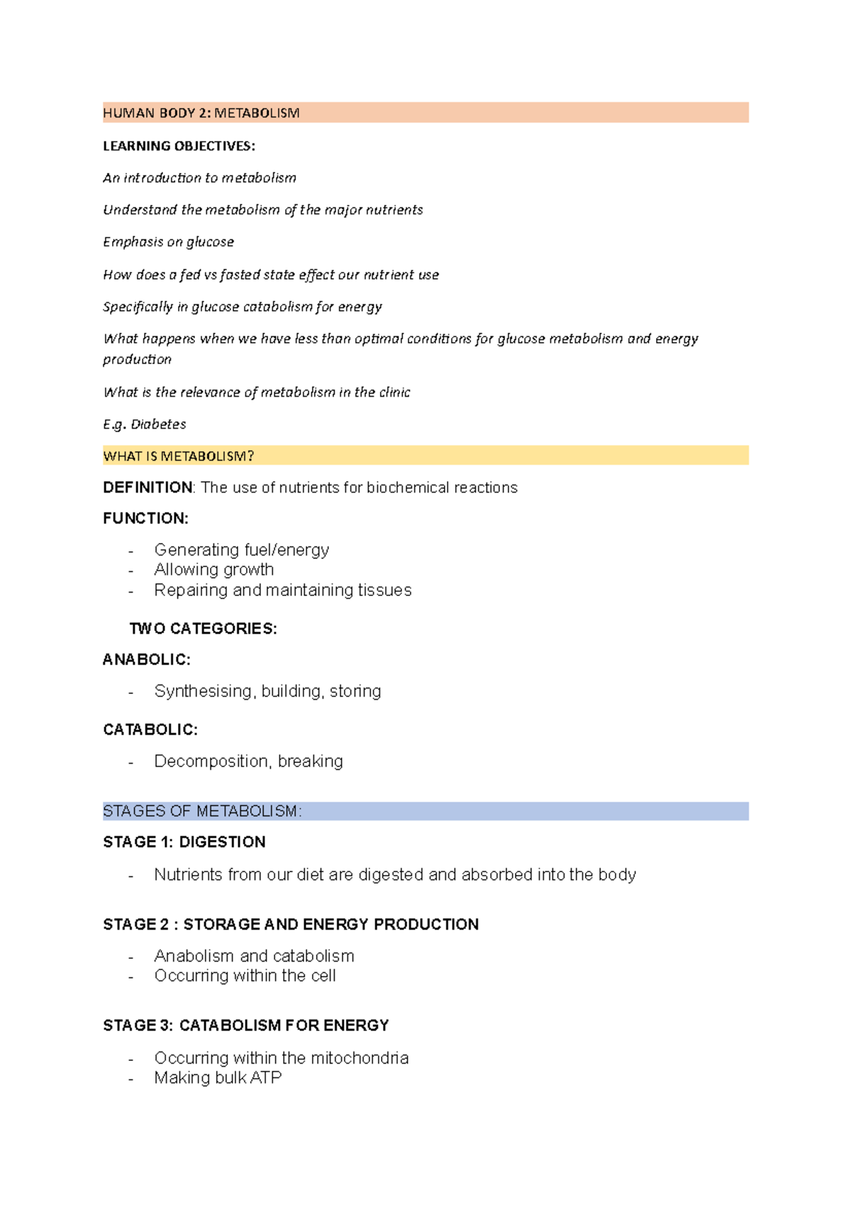 WEEK 2 - metabolism - HUMAN BODY 2: METABOLISM LEARNING OBJECTIVES: An ...