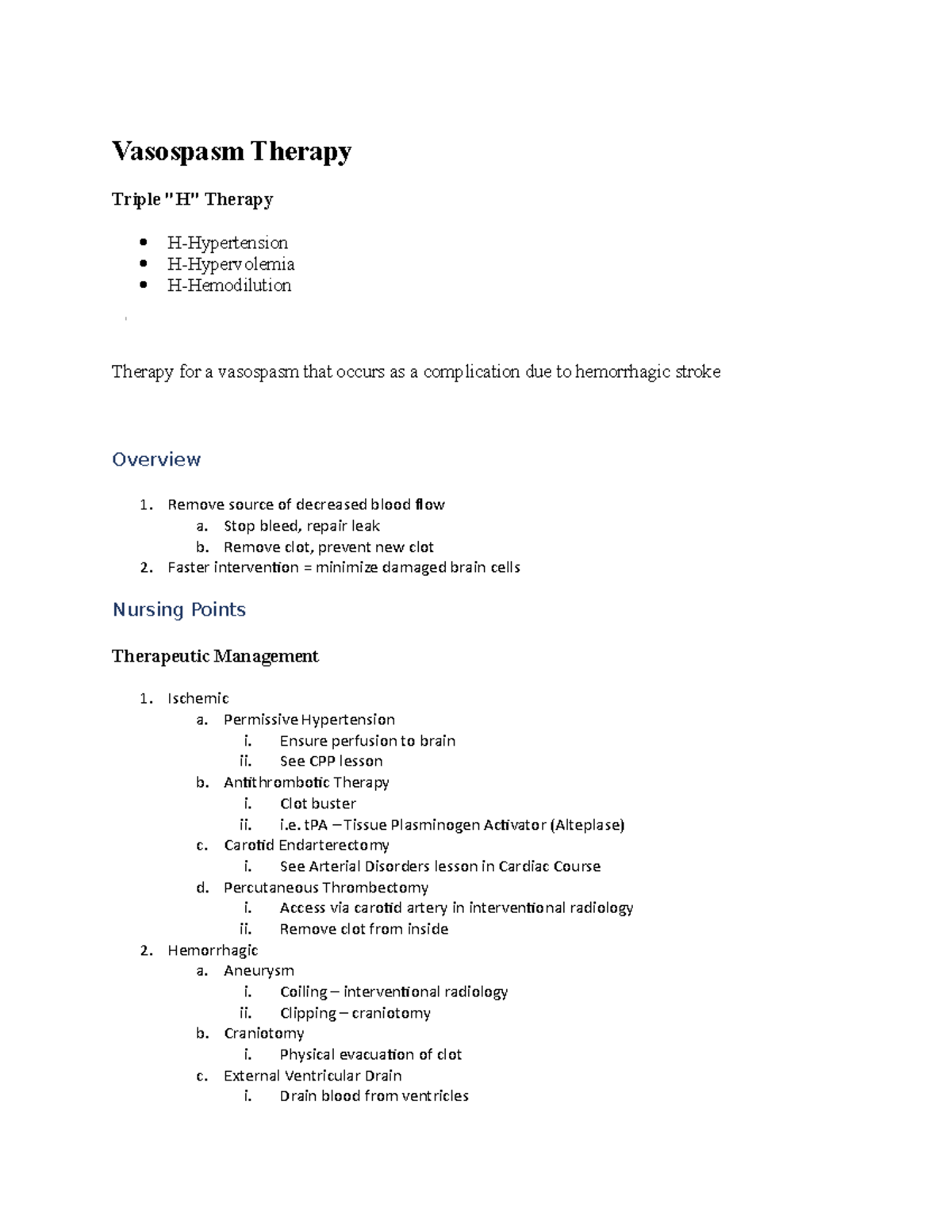 Stroke Therapeutic Management (CVA) - Vasospasm Therapy Triple "H ...