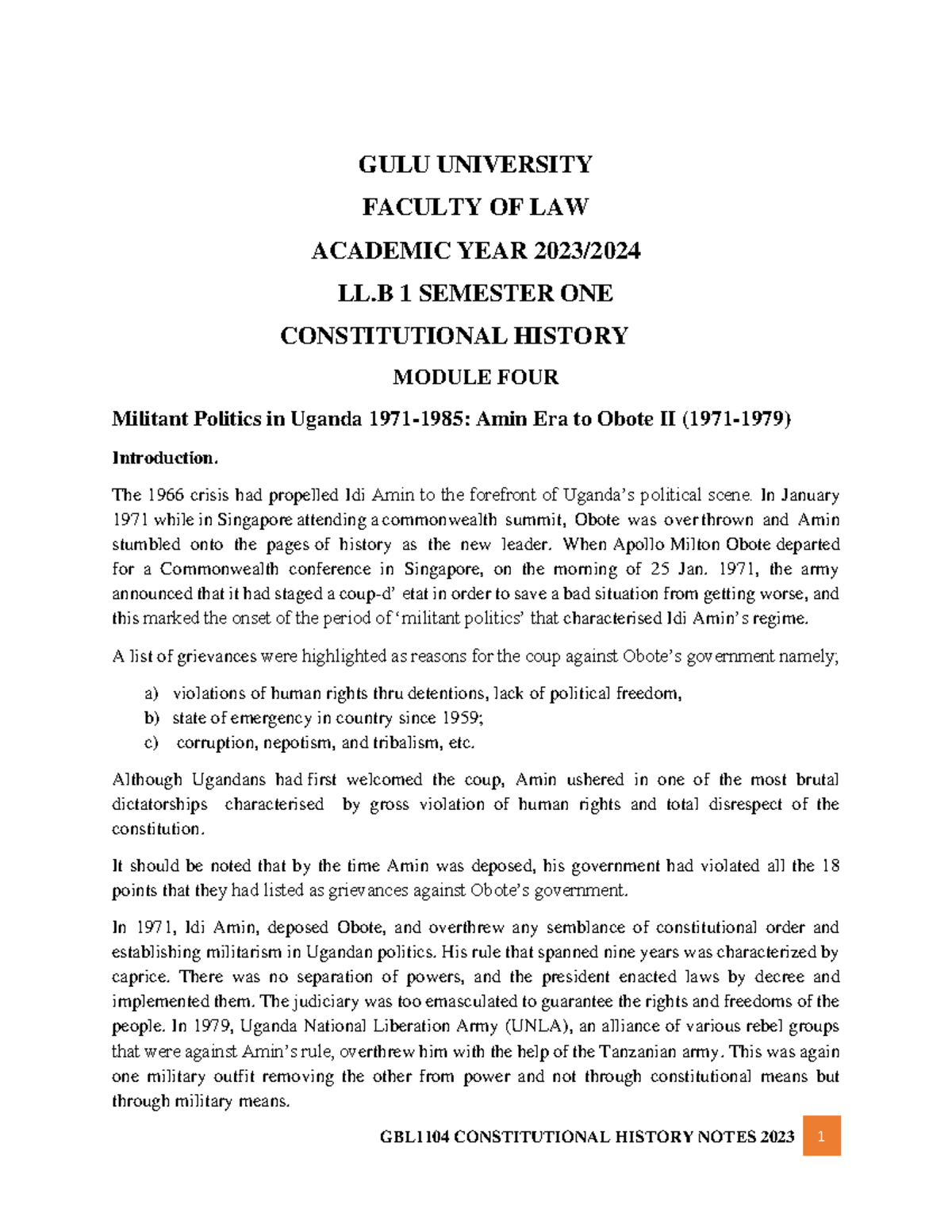Module FOUR. IDI AMIN ERA - GULU UNIVERSITY FACULTY OF LAW ACADEMIC ...