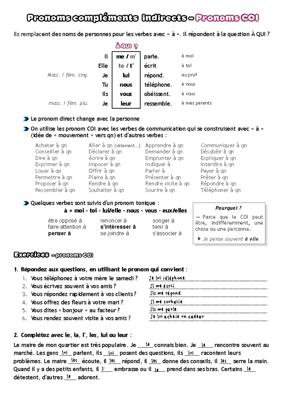COI - Ejercicios de práctica - Pronoms compléments indirects 3 Pronoms ...