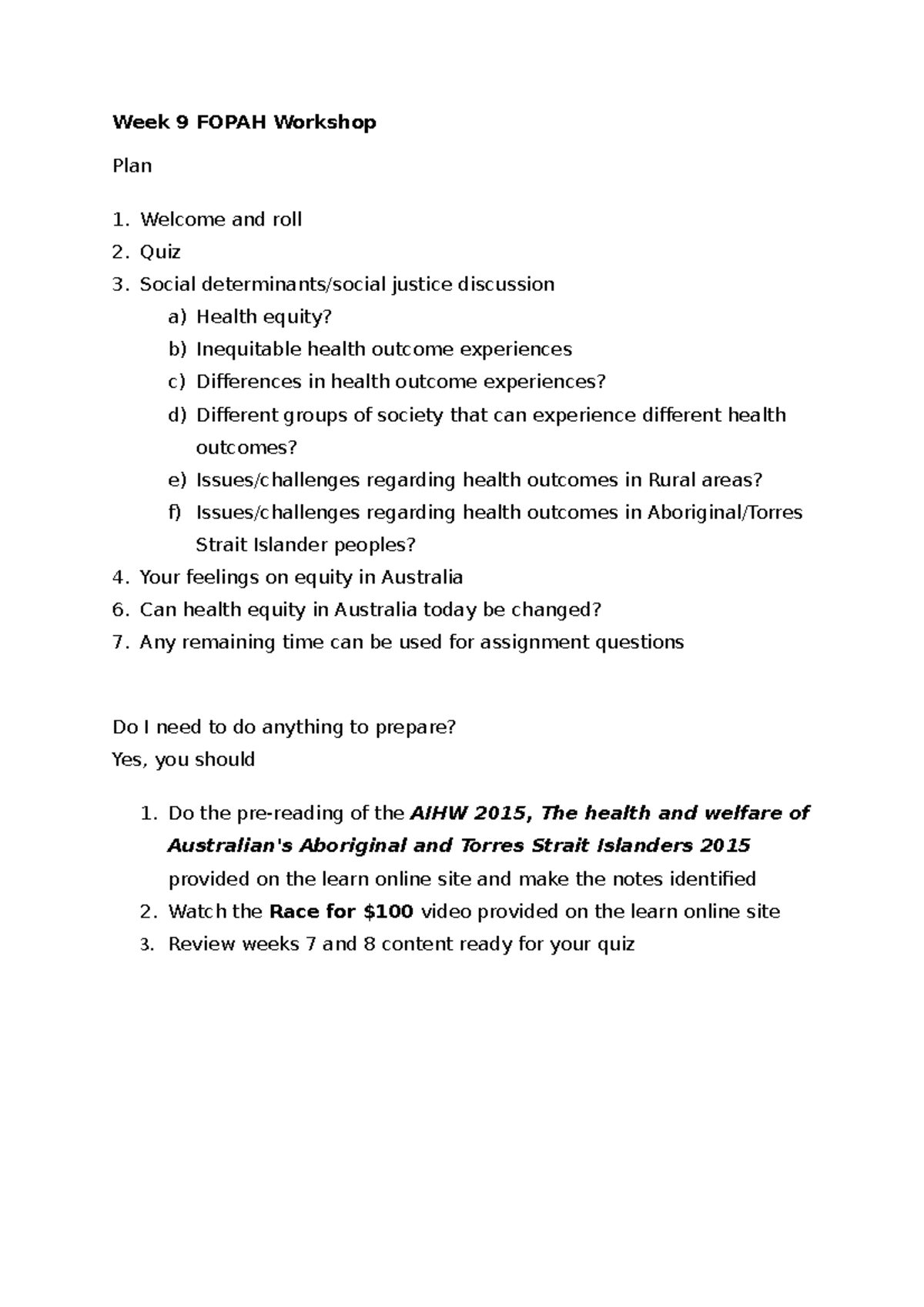 Wk 9 Workshop Plan - nnnn - Week 9 FOPAH Workshop Plan Welcome and roll ...
