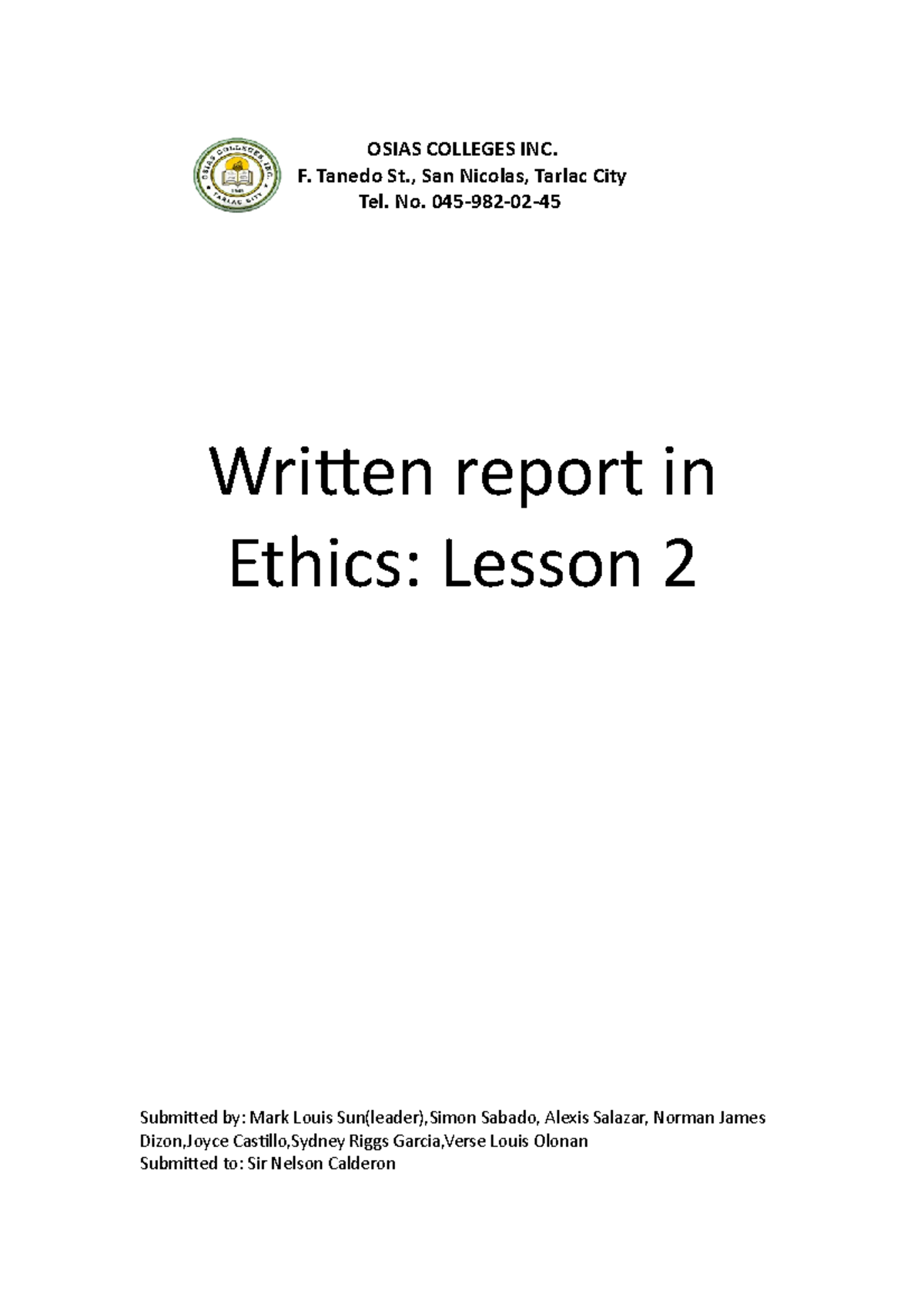 Written report in ethics lesson 2 - OSIAS COLLEGES INC. F. Tanedo St ...