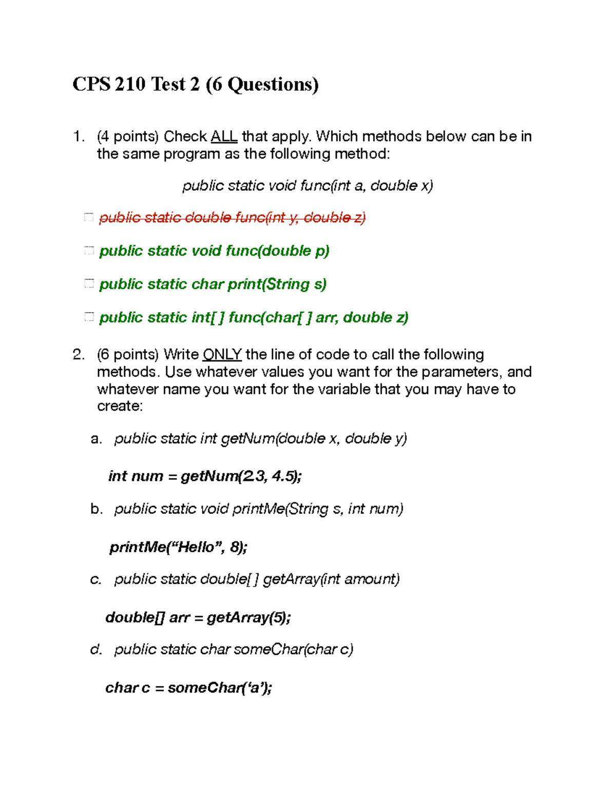 Test 2 Solutions - CPS 210 Test 2 (6 Questions) (4 points) Check ALL ...