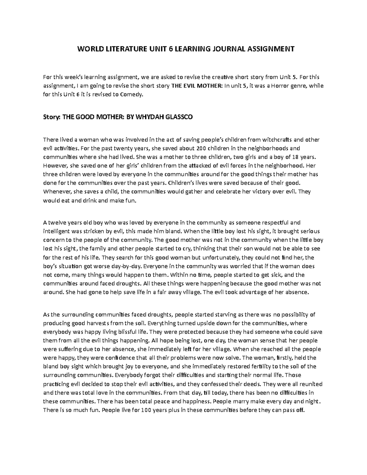 World Literature UNIT 6 Learning Journal Assignment - WORLD LITERATURE ...