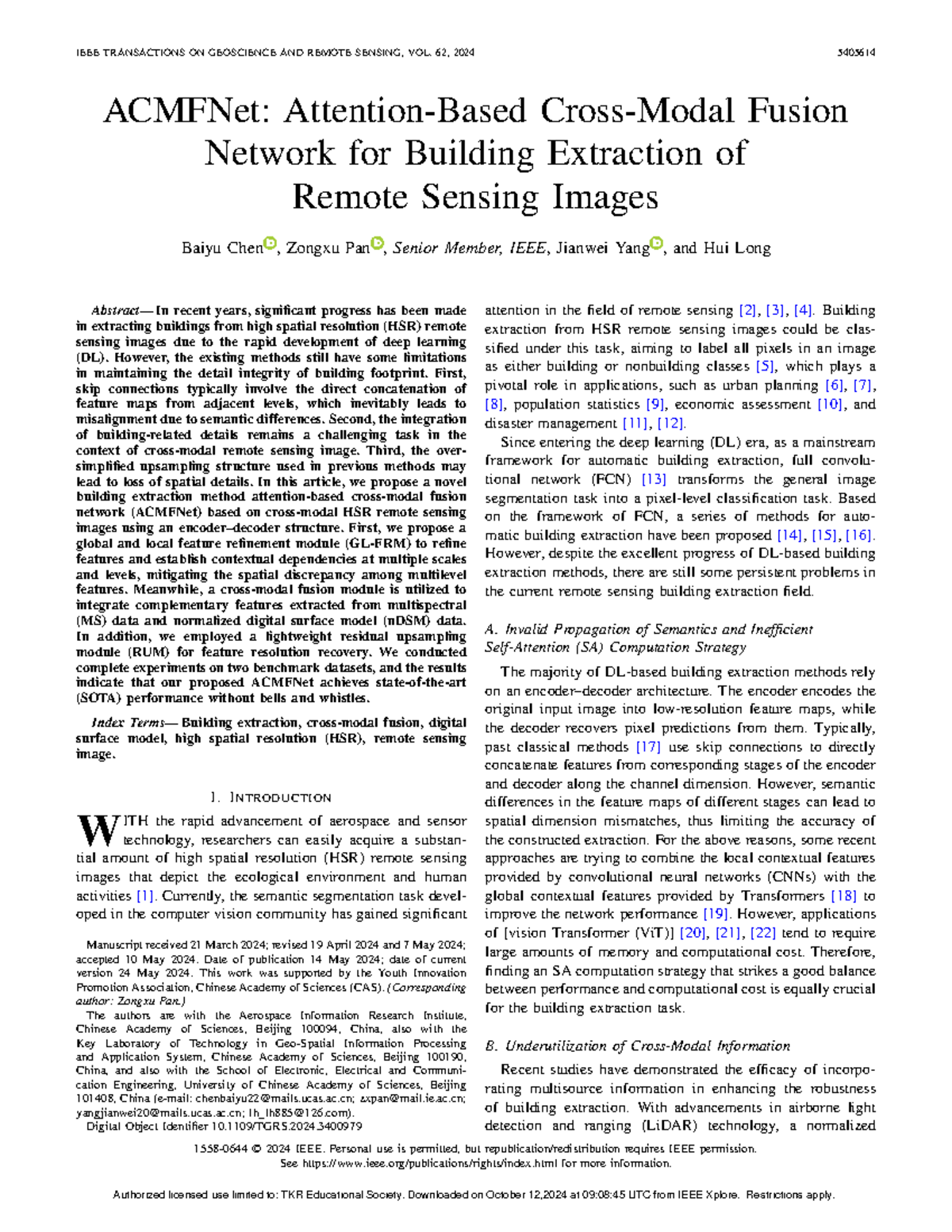 Acmfnet Attention Based Cross Modal Fusion Network For Building Extraction Of Remote Sensing