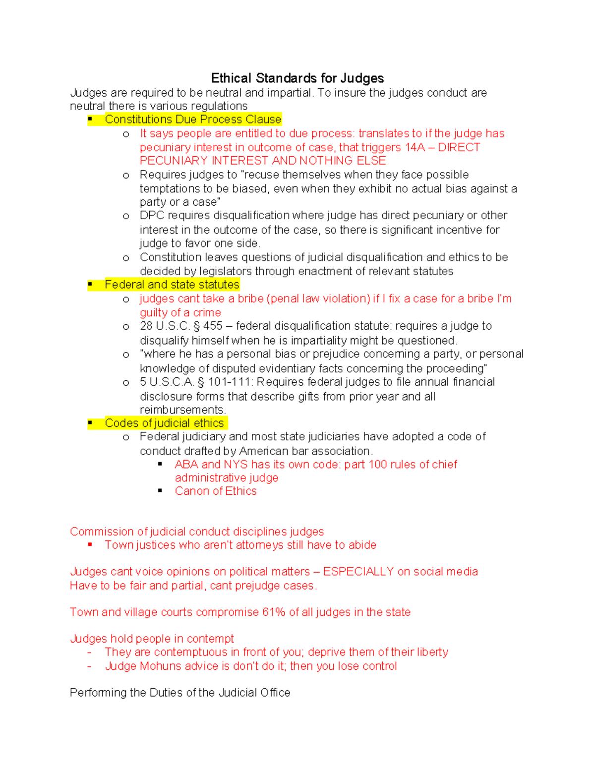 Ethics october 23 notes - Ethical Standards for Judges Judges are ...