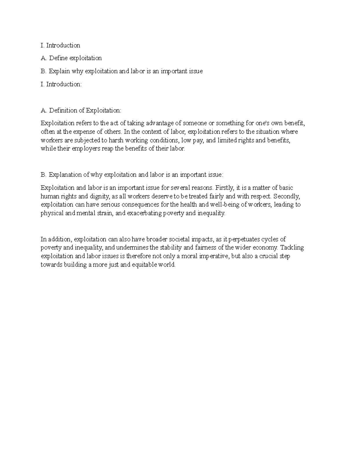 Exploitation and labor 1 - I. Introduction A. Define exploitation B ...