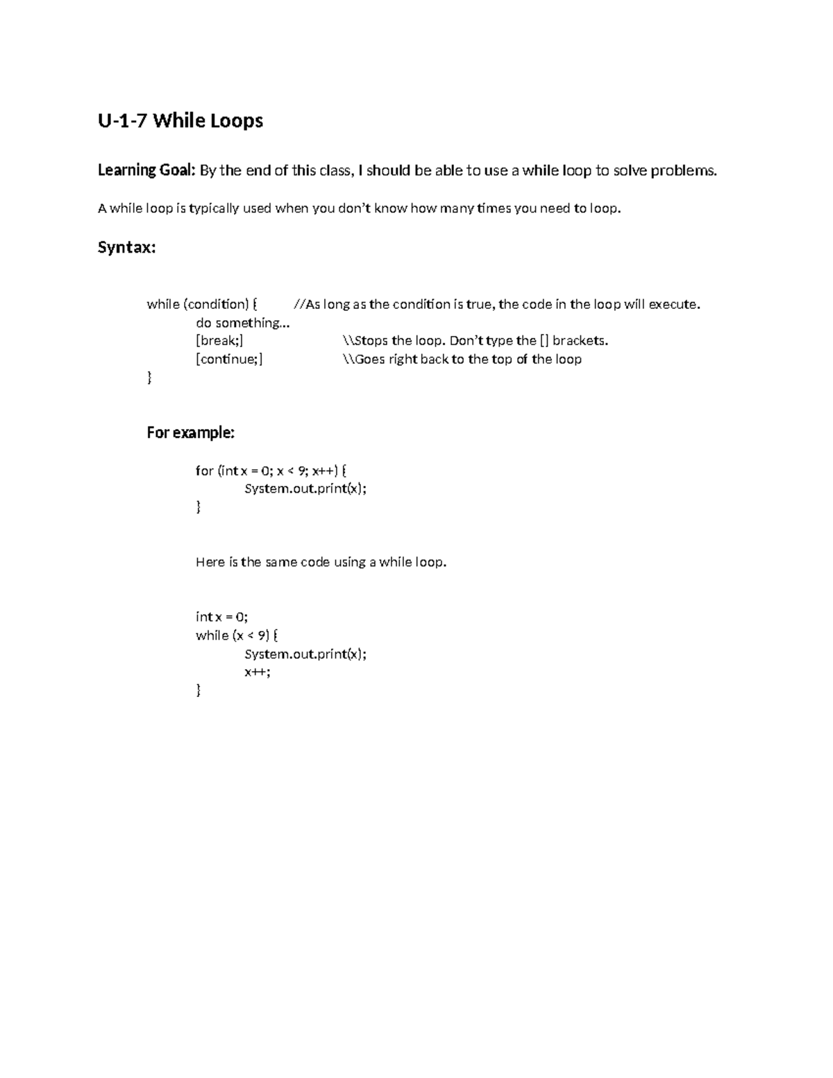 While Loops Notes Java U 1 7 While Loops Learning Goal By The End Of This Class I Should Be