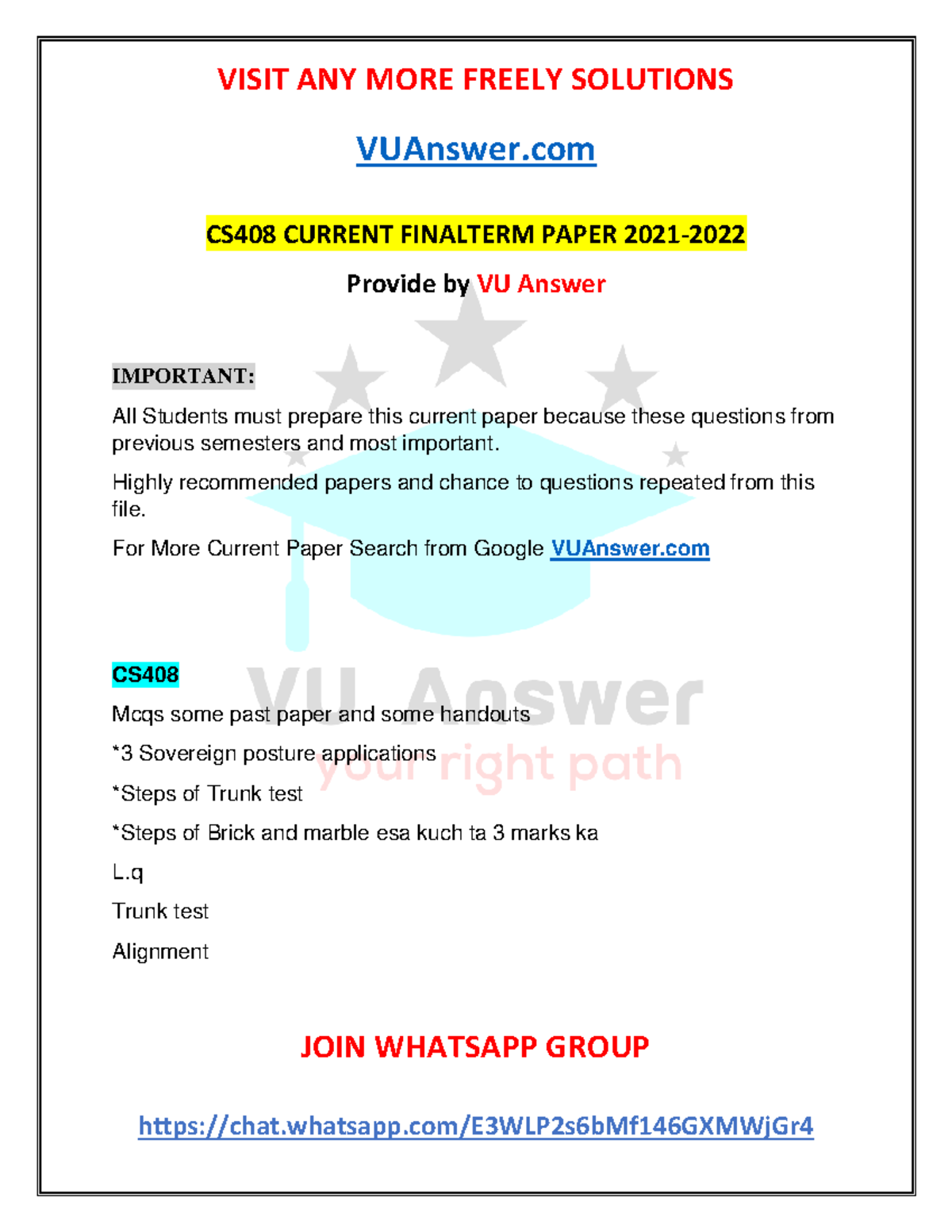 Cs408 Current Final Term Paper 2022 Vuanswer Join Whatsapp Group Cs