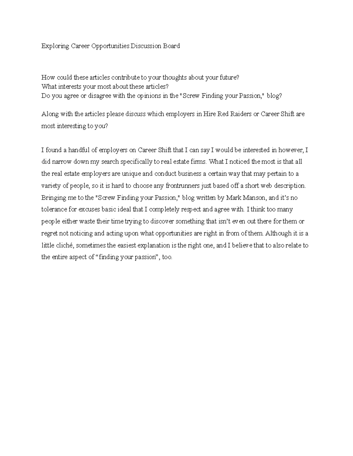 Exploring Career Opportunities Discussion Board - What I noticed the ...